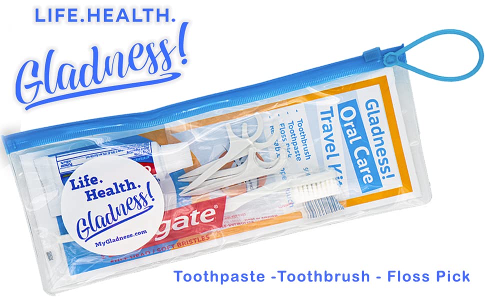 Toothpaste Toothbrush Travel Kit Bulk Bundle Includes Colgate Cavity Protection .85 Oz | Colgate Individually Cello-Wrapped Soft Toothbrush | 5 Floss Picks | TSA Approved Clear Zip Pouch By Gladness!