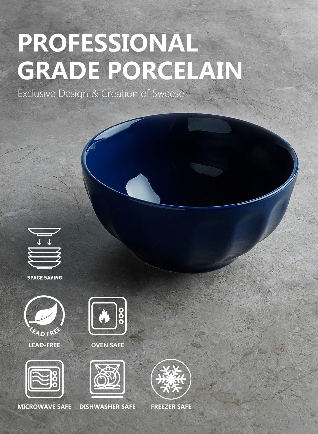 Sweese 106.403 Porcelain Fluted Bowls - 26 Ounce for Cereal, Soup and Fruit - Set of 4, Navy