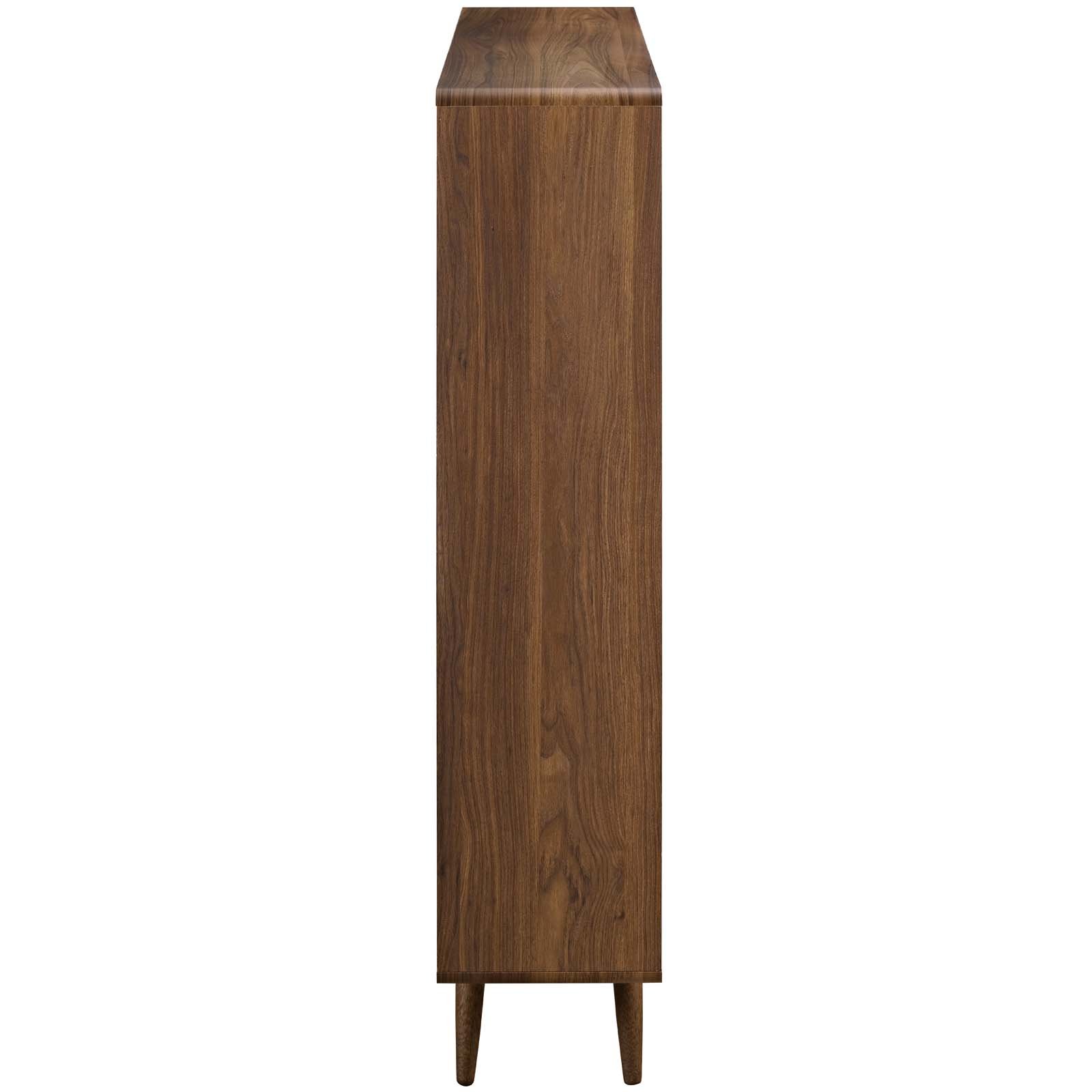 Modway Transmit Mid-Century Offset Cube Wood Bookcase in Walnut & Render Mid-Century Modern Two-Tier Display Stand in Walnut