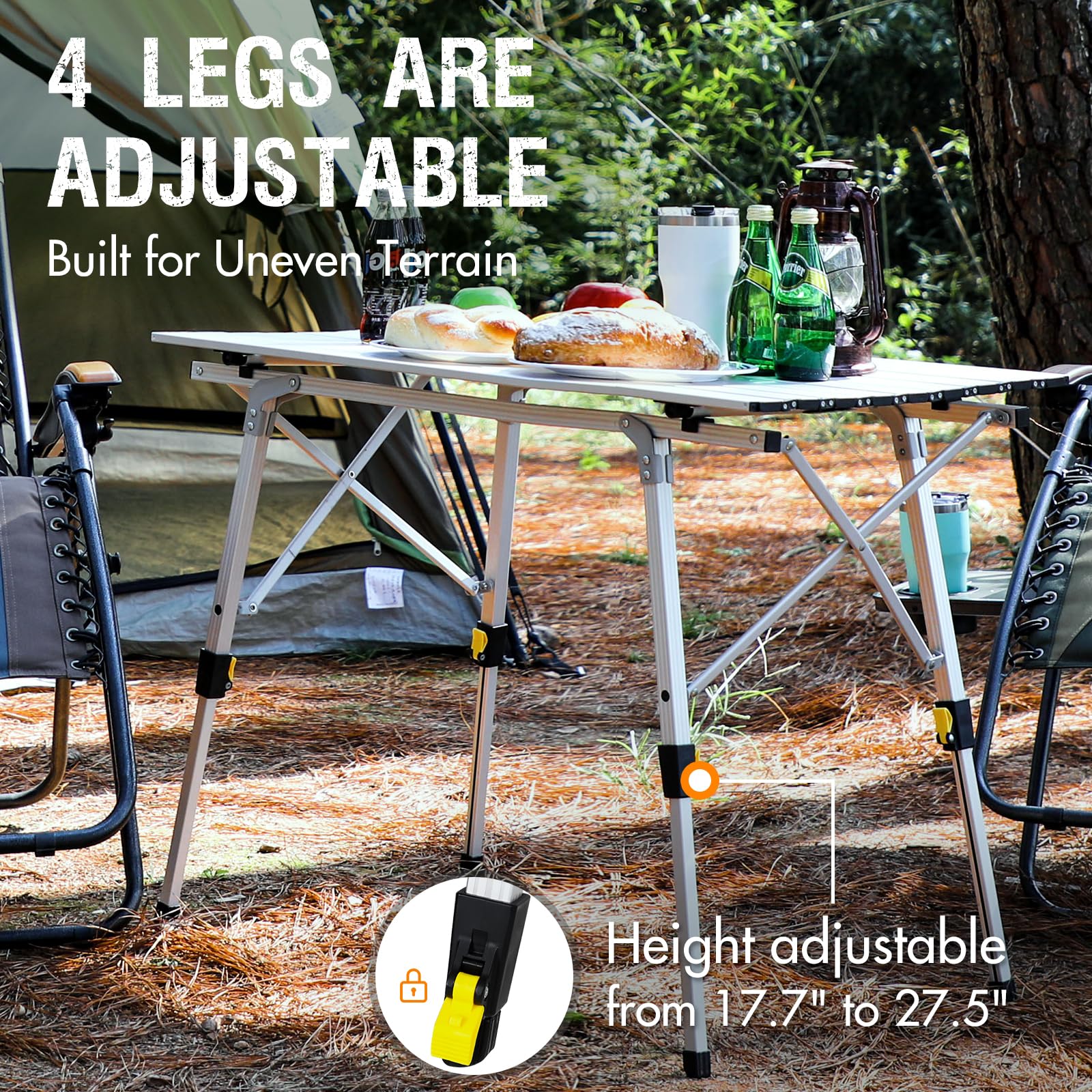 PORTAL Camping Table Portable Foldable with Adjustable Legs, Aluminum Folding Table Roll Up Table with Carrying Bag for Outdoor, Beach, Picnic, Backyards, BBQ and Party, Silver, Big