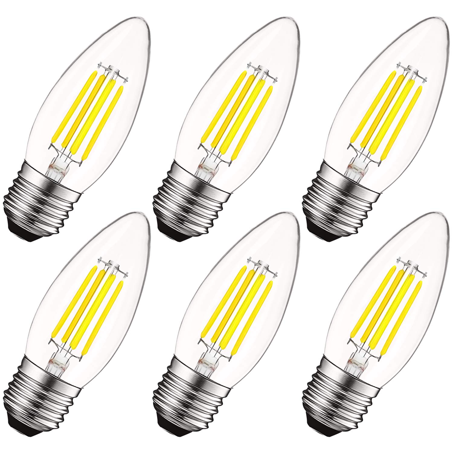 Luxrite 5W Vintage E26 Candelabra LED Bulb 60W Equivalent, 550 Lumens, 5000K Bright White Dimmable, Medium Base Candelabra Bulb, Torpedo Tip Clear Glass, Edison Filament Light Bulb, UL Listed (6 Pack)