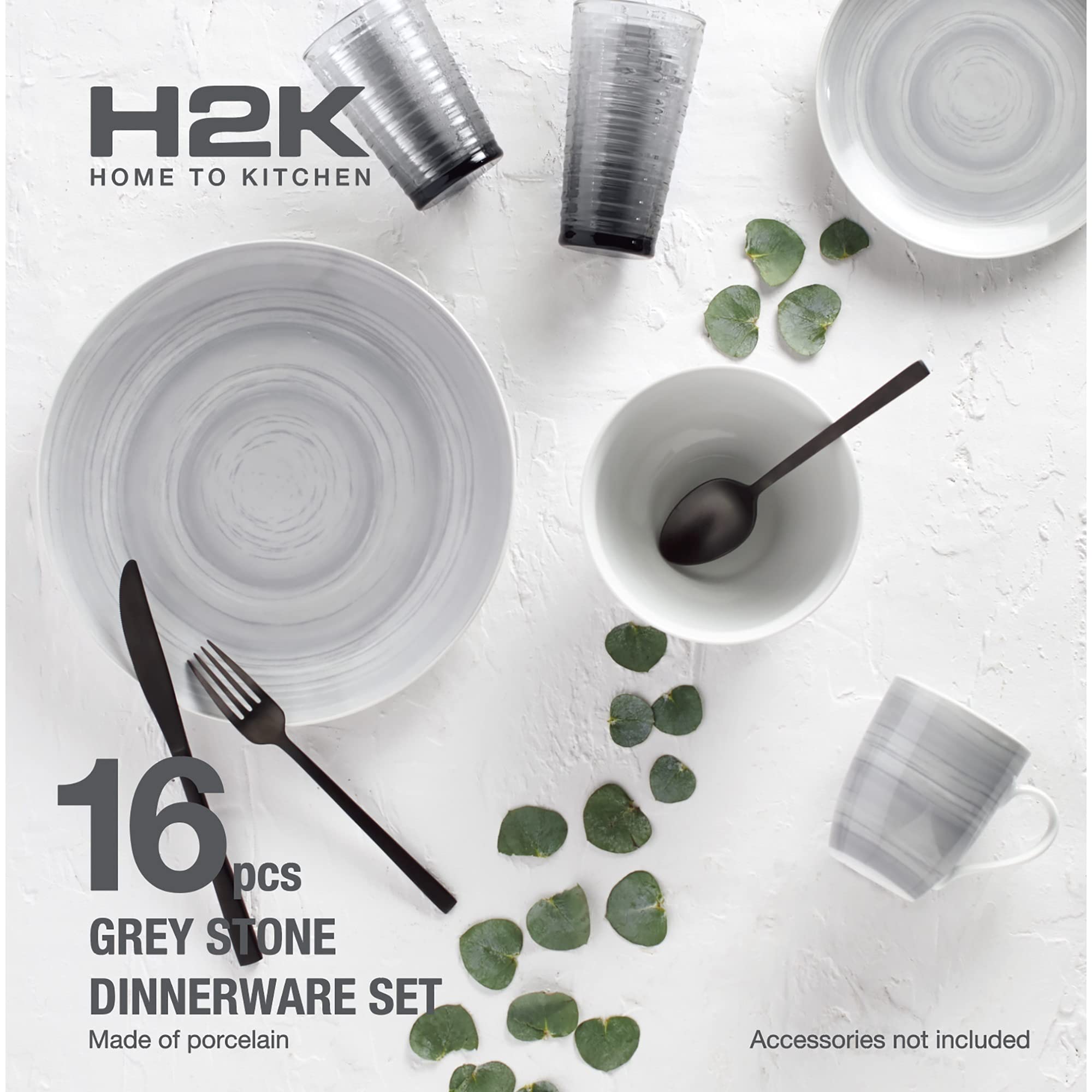 Safdie & Co. Grey Stone 16 Piece Dinnerware Set, Service for 4, Fiesta Dinnerware, plates and bowls sets, home trends and home food network essentials, Porcelain dinner plates