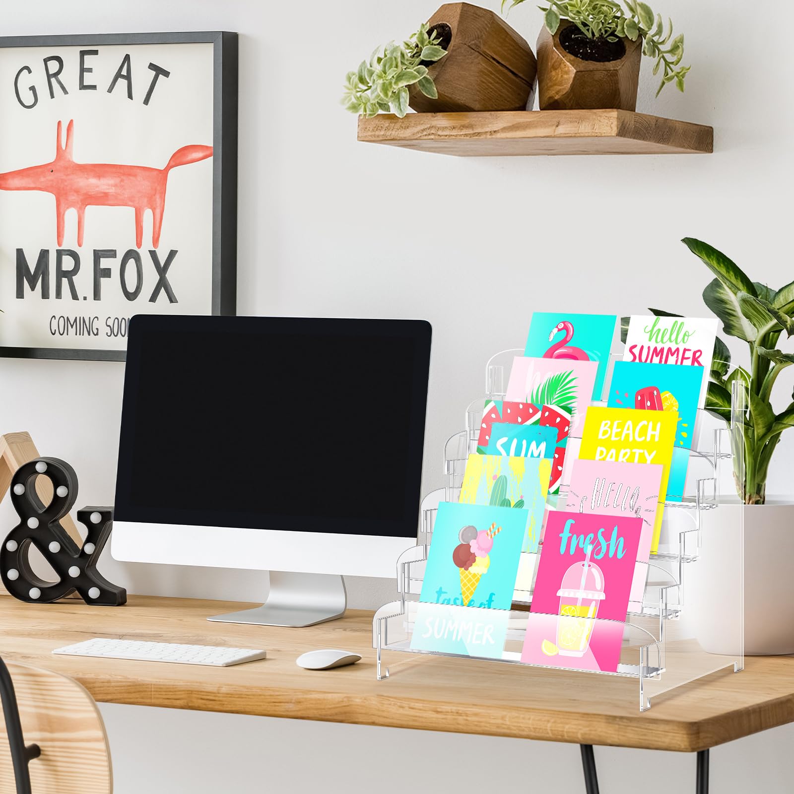Yalikop 5 Tier Acrylic Greeting Card Display Stand Portable Greeting Card Display Rack Storage Sticker Greeting Card Organizer Stamp Postcard Mail Greeting Card Holder for Retail Counter Desk