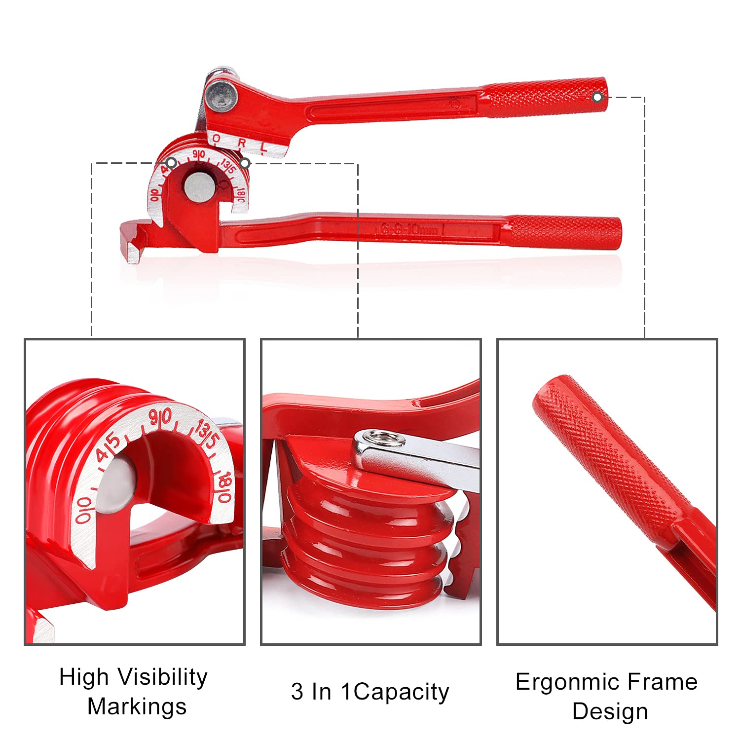 Sufford 180 Degree Tubing Bender 3-in-1 Heavy Duty Tube Bender Brake Line Bending Tool For 6,8,10mm Tubes Stainless Steel Red