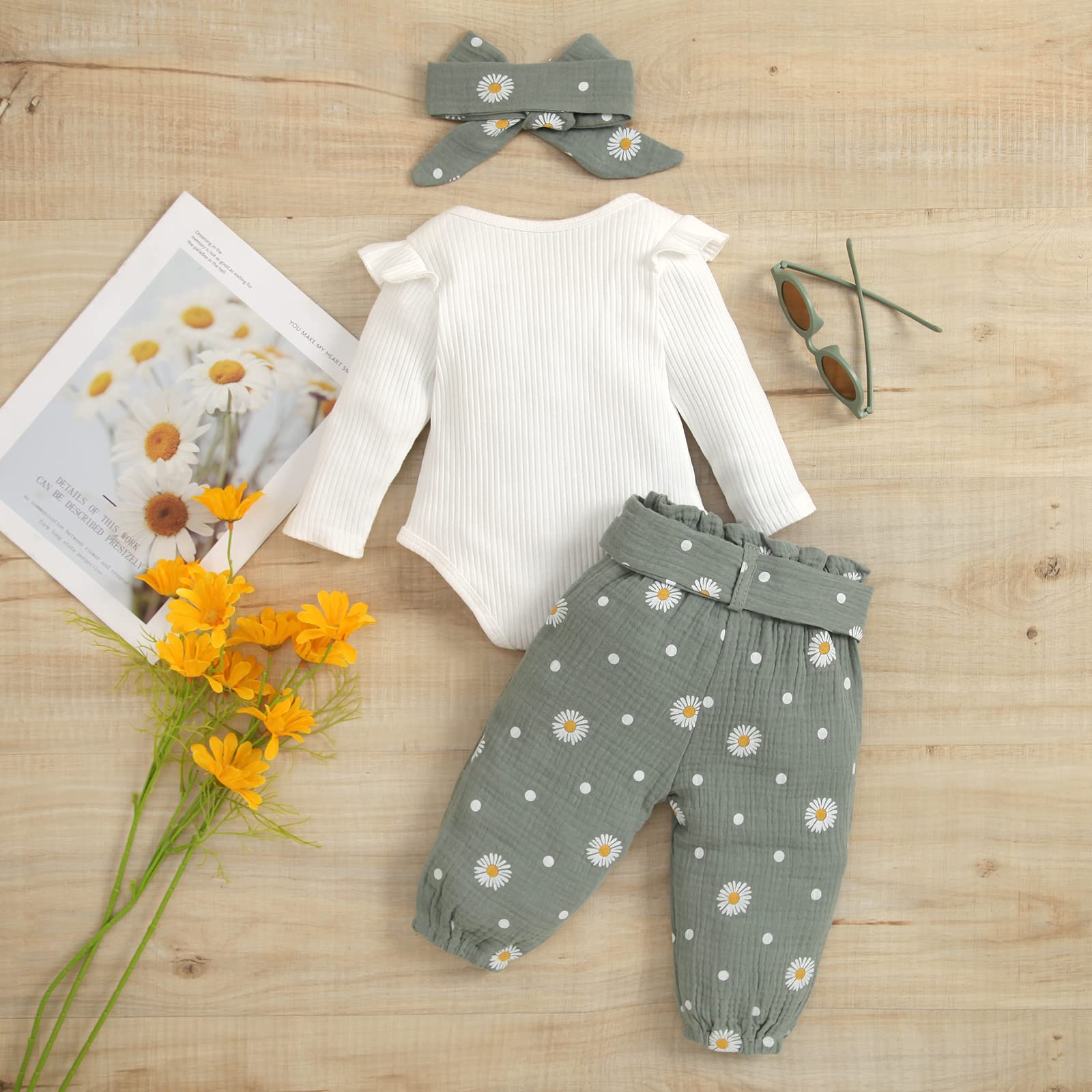 Thorn Tree Newborn Baby Girl Clothes Set Ribbed Long Sleeve Crewneck Romper Top Foral Pants Headband Winter Outfits (White & Daisy,0-6 Months)