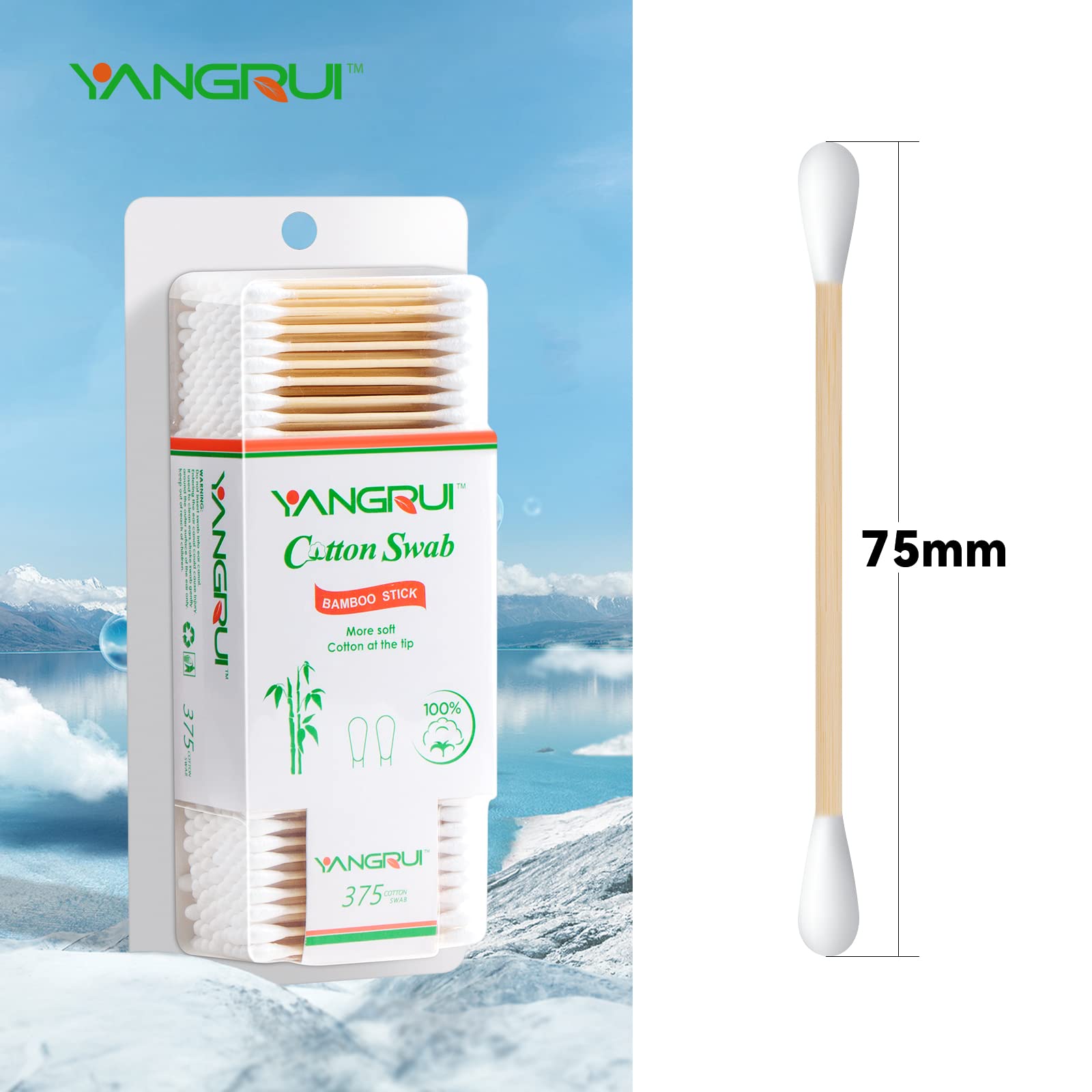YANGRUI Cotton Swab, 375 Count Bamboo Stick BPA Free Naturally Pure Double Round Ear Swabs White Cotton Buds (Pack of 1)