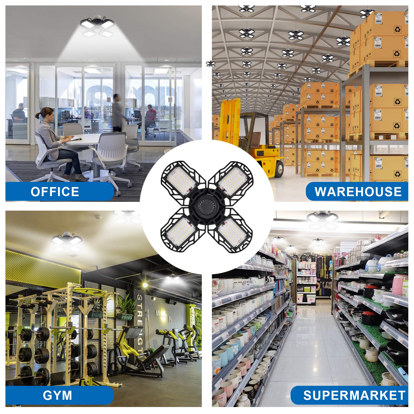 NOQ 120W LED Garage Lights Four Leaf Deformable Adjustable E26/E27 12000LM 6000k Daylight 4 Panels Ultra-Bright Lighting