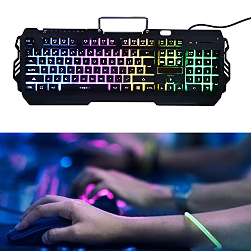 YYOYY 104 Keys Mechanical Feeling Gaming Keyboard for PC Gamers, 2 Colors Keycaps Backlit Aluminum Alloy Base Computer Keyboard, USB Wired Keyboard with Phone Holder for Home & Office