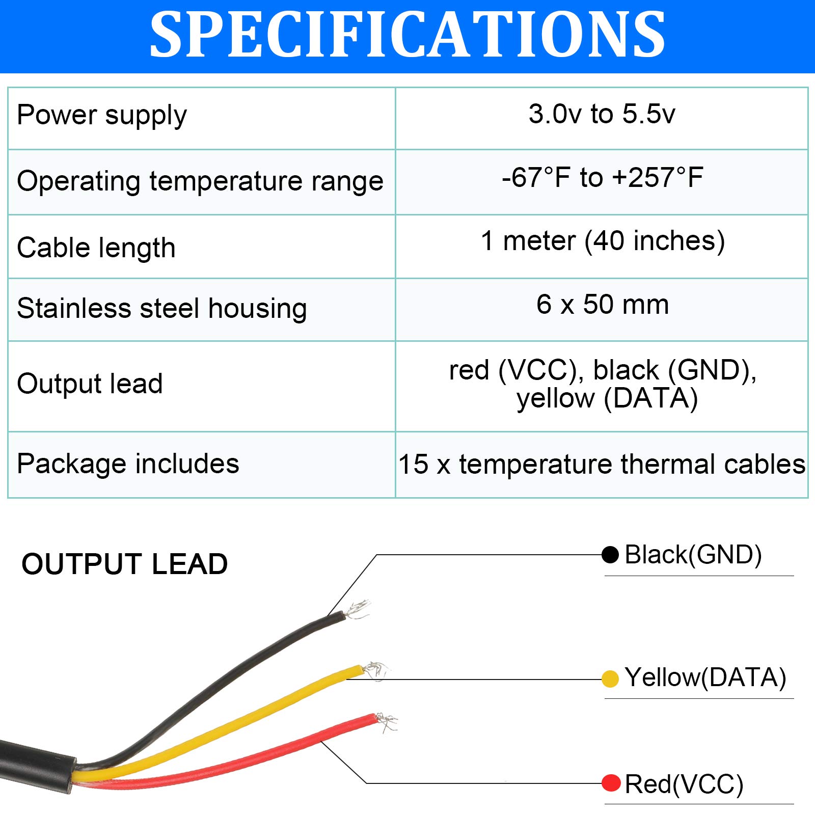 Weewooday DS18B20 1 m/ 3.2 Ft Digital Temperature Thermal Cable Waterproof Probe Sensor -55°C to +125°C, Compatible with Arduino/Raspberry Pi(15 Pieces)