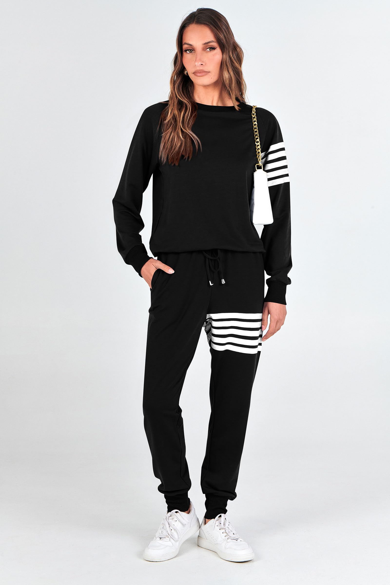 PRETTYGARDEN Women's Two Piece Striped Outfits Casual Long Sleeve Top and Sweatpants Matching Tracksuit Jogger Set (Black,Medium)
