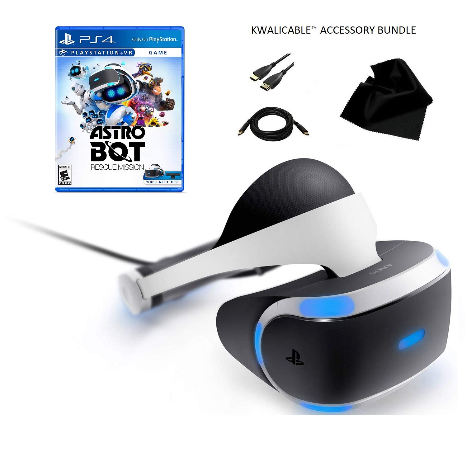 PlayStation VR Astro Bot Rescue Mission Bundle / Includes PSVR Headset and Processor Unit, AstroBot Rescue Mission, KWALICABLE Accessory Pack (Renewed)