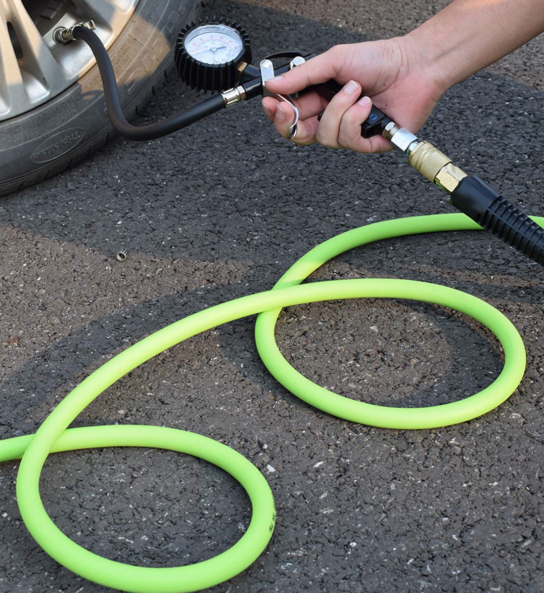 YOTOO Air Hose 1/4 in x 50 ft, Heavy Duty Hybrid Air Compressor Hose, Flexible, Lightweight, Kink Resistant with 1/4" Industrial Quick Coupler Fittings, Bend Restrictors, Green+Blue