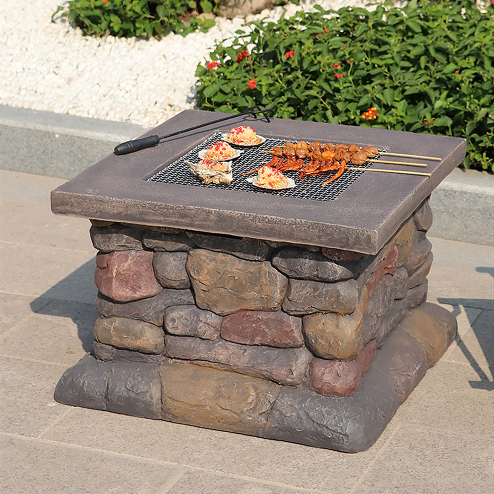 Luxurious Fire Pit Table, Outside Fire Pit Table & Coffee Table, Square Patio Firetable & Picnic Side Table, for Backyard, Garden, Camping, Party, Deck, Courtyard