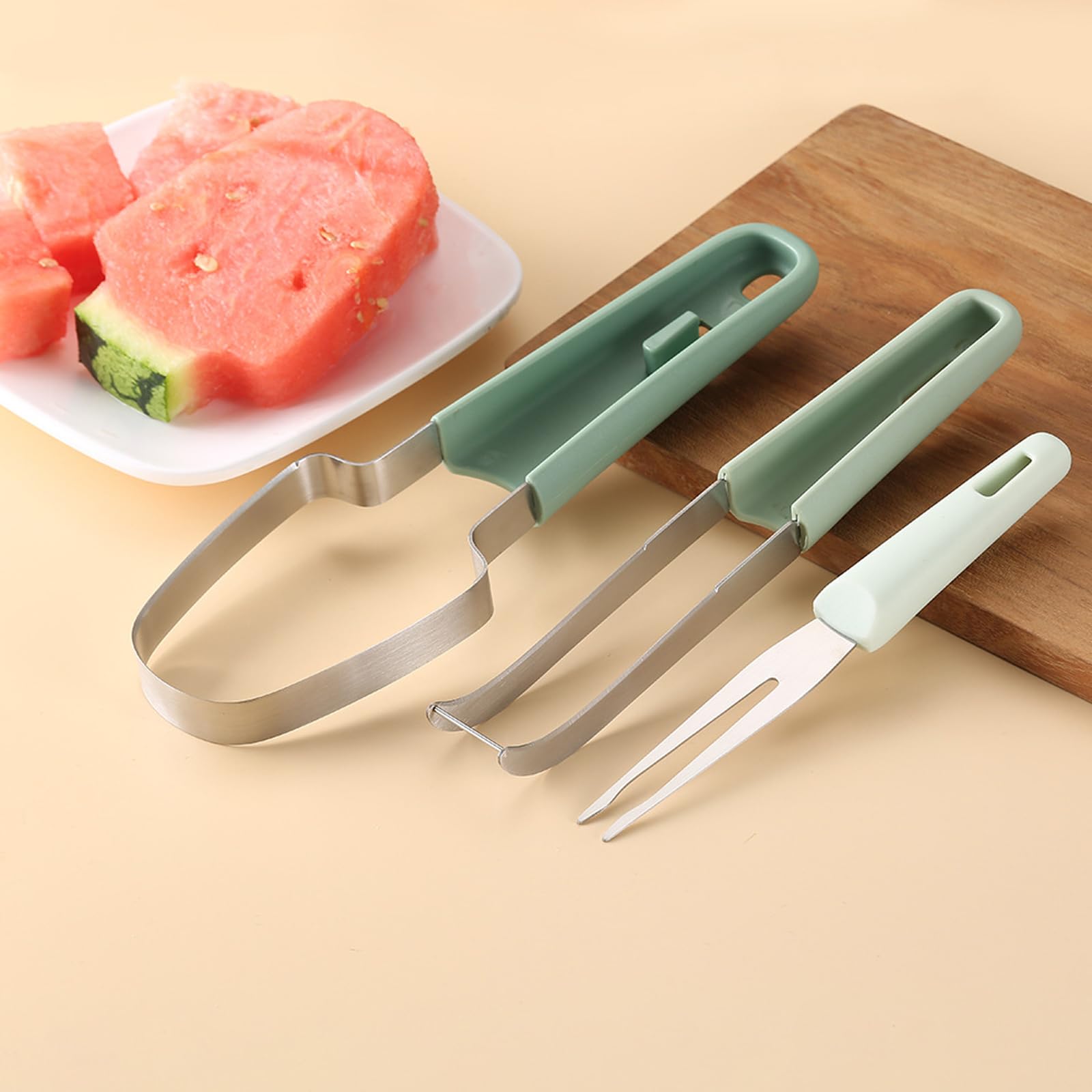 Zhaolie 3-in-1 Watermelon Fork Slicer Cutter,Stainless Steel Watermelon Popsicle Cutter Watermelon Cutter Slicer Tool Melon Cutter Knife Portability Fruit Fork Set for Camping Kitchen Gadgets, Green