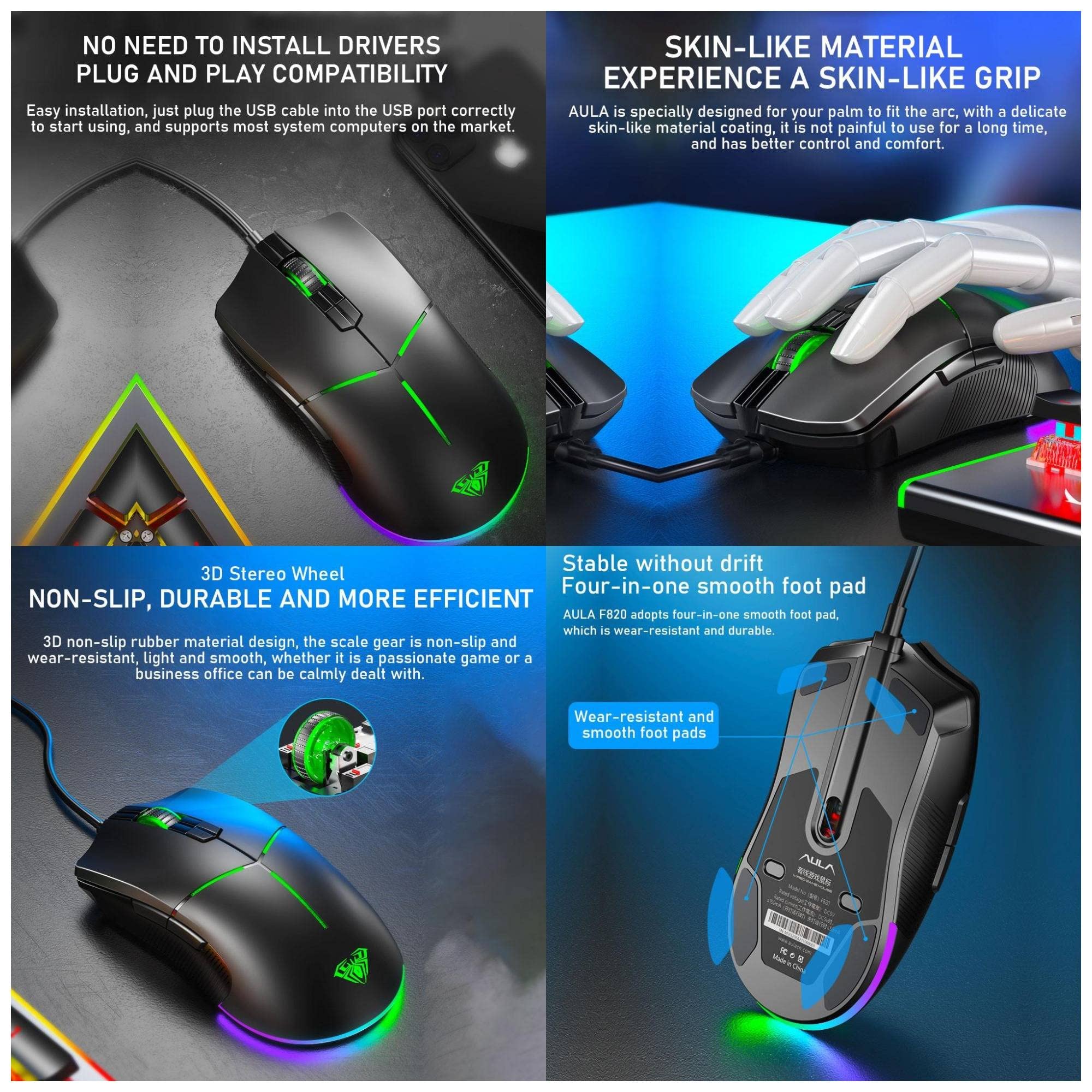 SHUNJINRUN Wired Gaming Mouse RGB Backlit Ergonomic Lightweight USB Mouse with 7 Backlight Modes up to 6400 DPI for Laptop Windows PC Gamers (F820-Black)