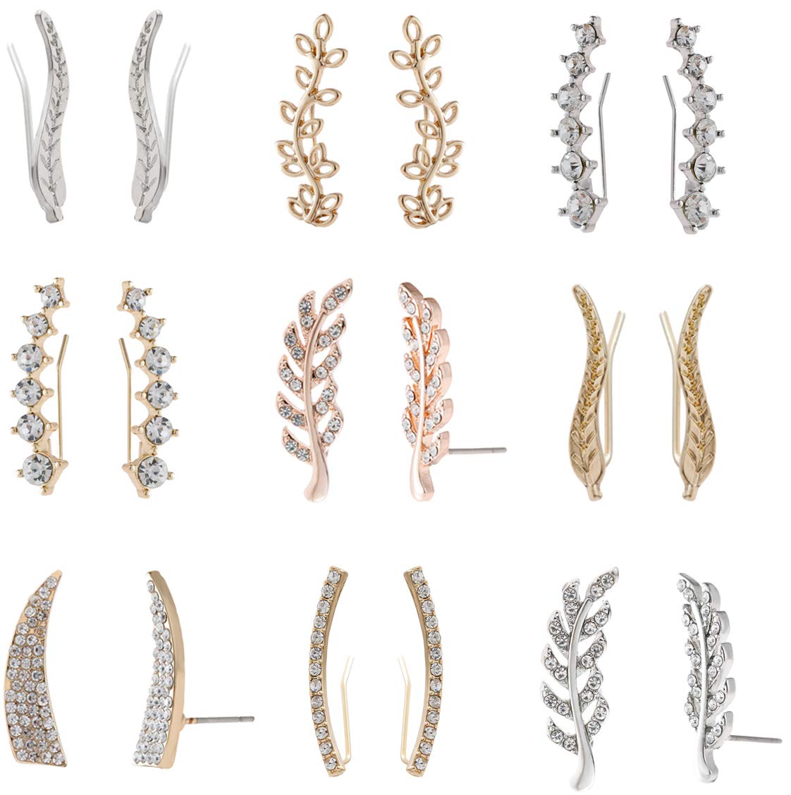 MERNARLAR 9 Pairs Gold Silver Rose Gold Crystals Ear Cuffs Earrings Simple Chic Hollow Leaf Crystal Ear Crawlers Earrings Set Hypoallergenic Earring