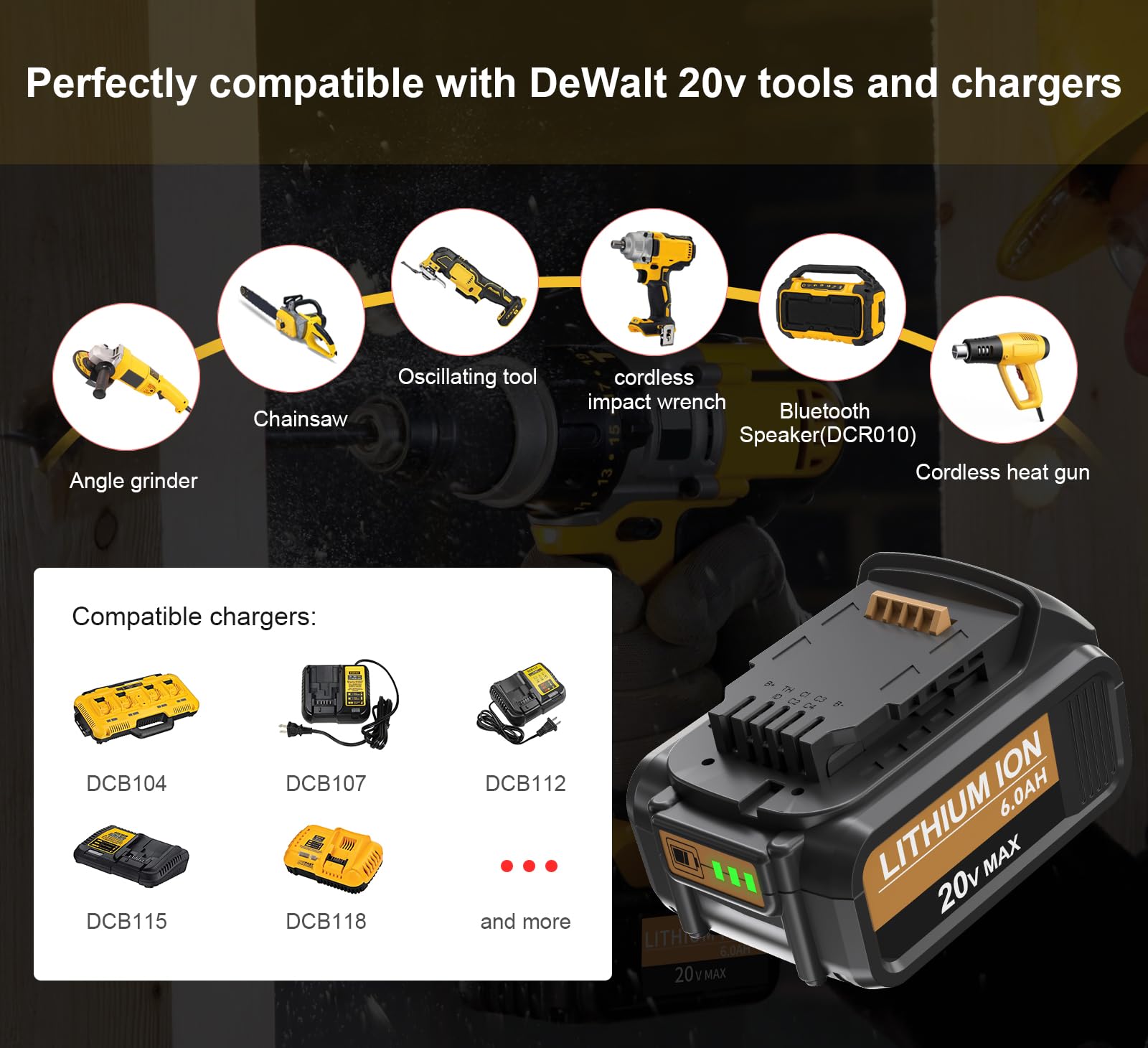 Moticett Upgraded 6000mAh Replacement for Dewalt 20v Max Battery Replacement for Dewalt 20v Battery Compatible with Dewalt 20 Volt Battery DCB201 DCB203 DCB207 DCB205 DCB204 DCB206-2Packs