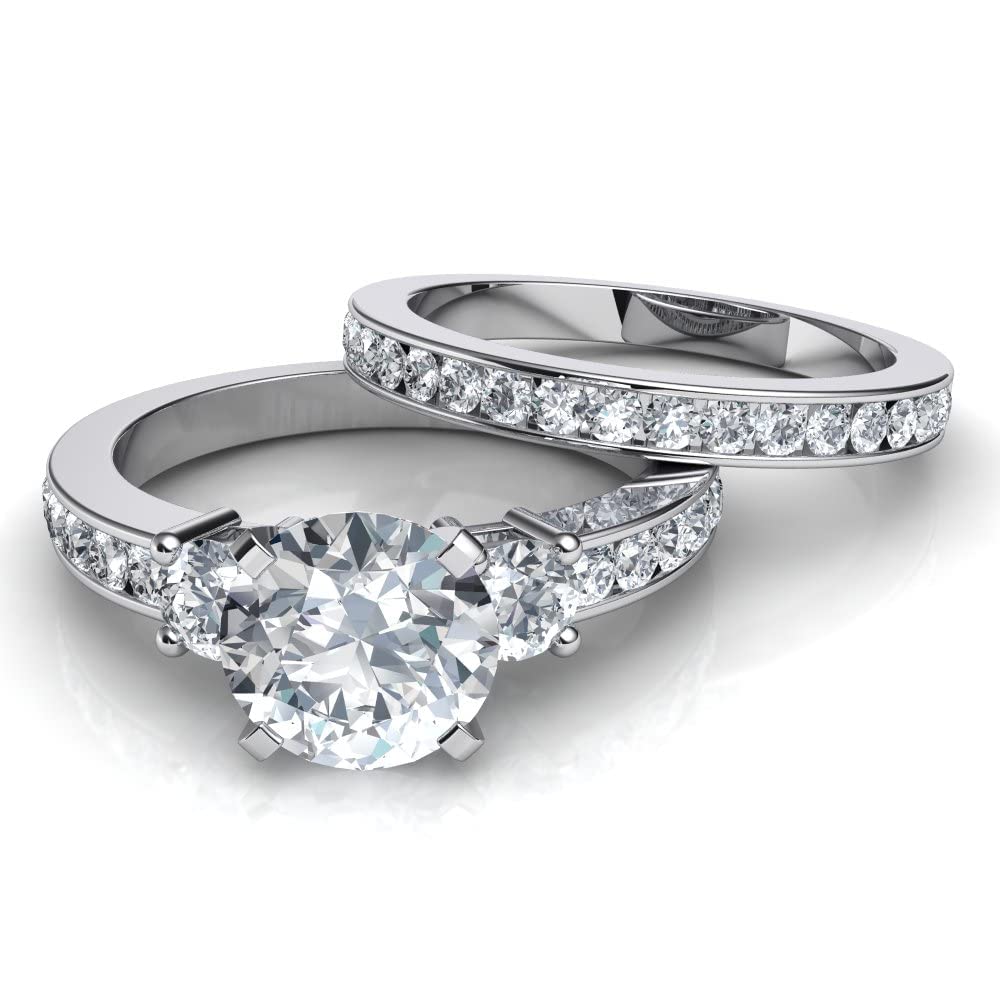 PREVELI 1Ct Simulated Diamond Moissanite ENGAGEMENT RING & WEDDING BAND BRIDAL SET in Platinum Plated Silver | Size 6 US