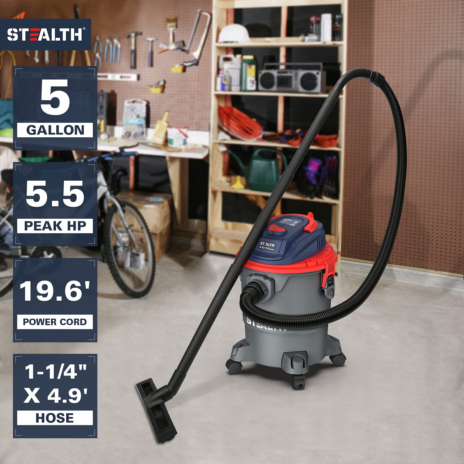 Stealth 3 in 1 Wet Dry Vacuum Cleaner, 5 Gallon 5.5 Peak HP, Portable Shop Vacuum with Blower, 1-1/4 inch Hose, ECV05P1