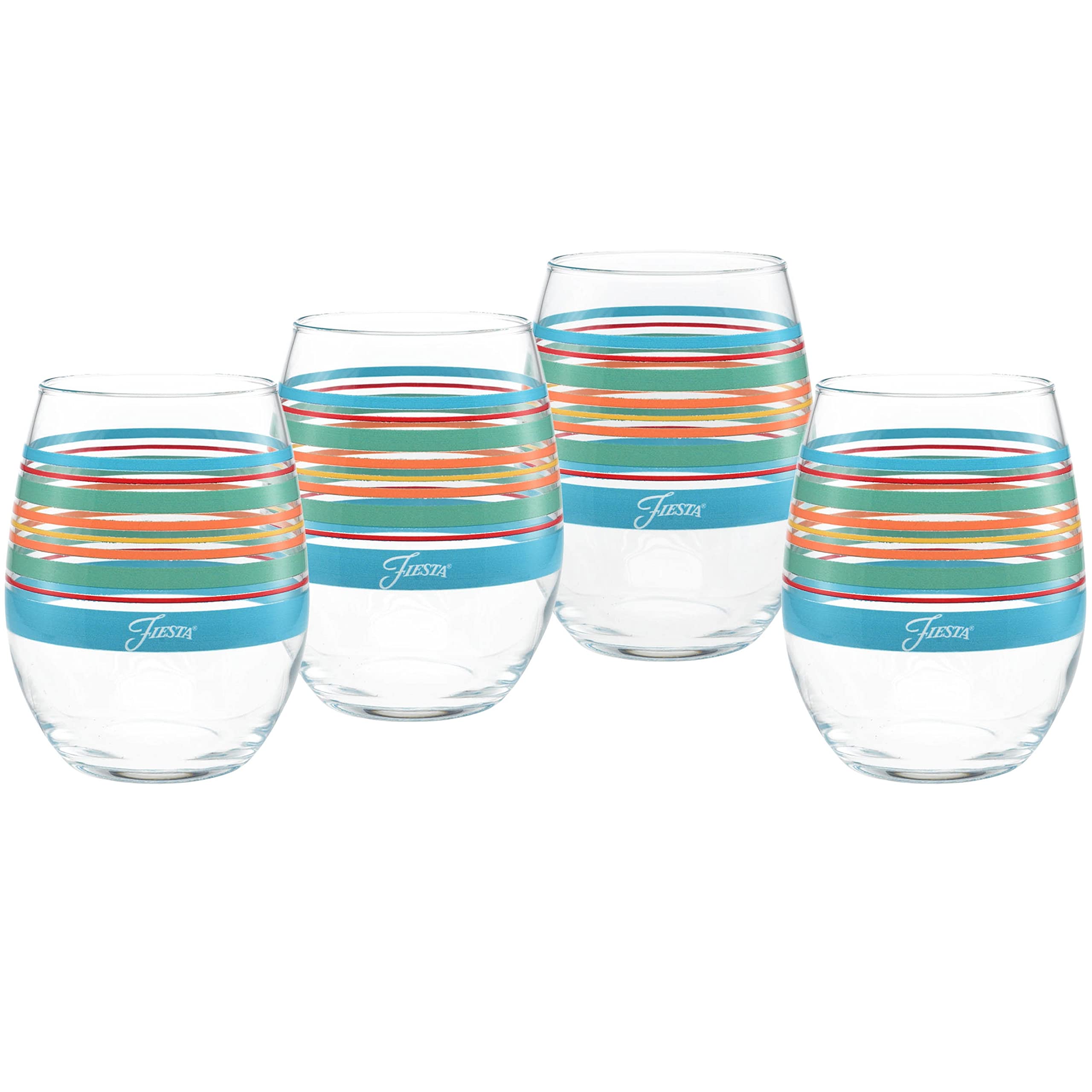 Officially Licensed Fiesta Stripes 15-Ounce Stemless Wine Glass (Set of 4) (Rainbow Radiance Collection)