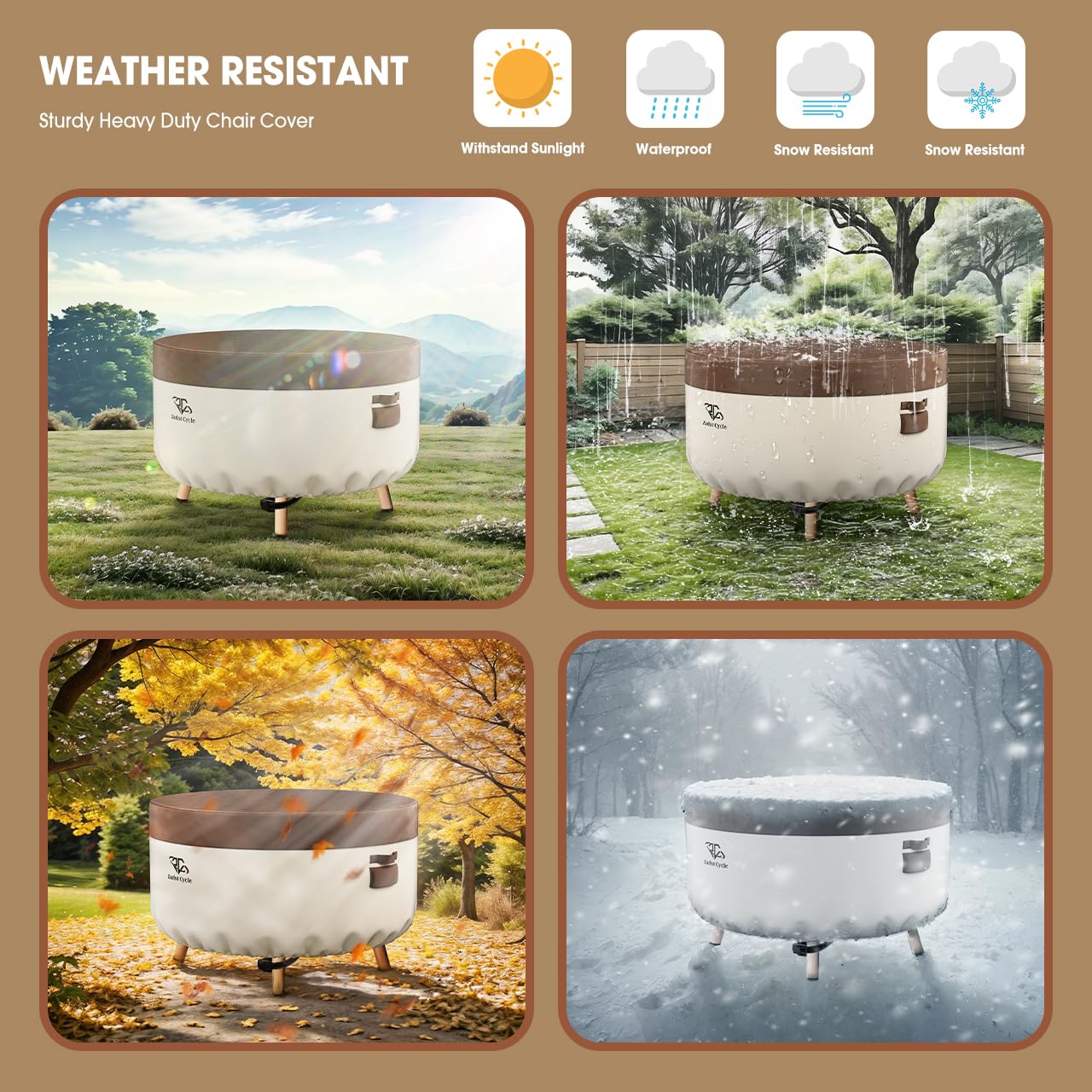 Zadst Cycle 62" Dia Table Cover Waterproof, Patio Furniture Round Table Covers, 600D Heavy Duty Round Table Cover for Anti-UV, Rip Resistant, Water Resistant, Small, Brown