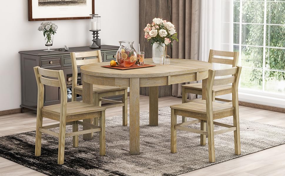 MengK Farmhouse 5-Piece Extendable Round Dining Table Set with Storage Drawers and 4 Dining Chairs,16" Removable Leaf, Natural