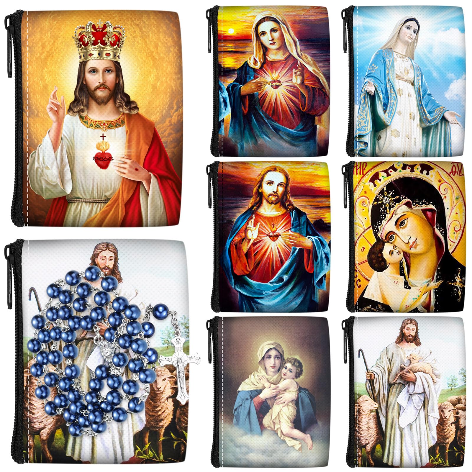 Windyun 8 Pcs Catholic Rosary Pouch 3.5'' x 2.8'' Coin Purse Rosary Holder Rosary Bag Icon Bag with Zipper for Prayer Storage (Religious)