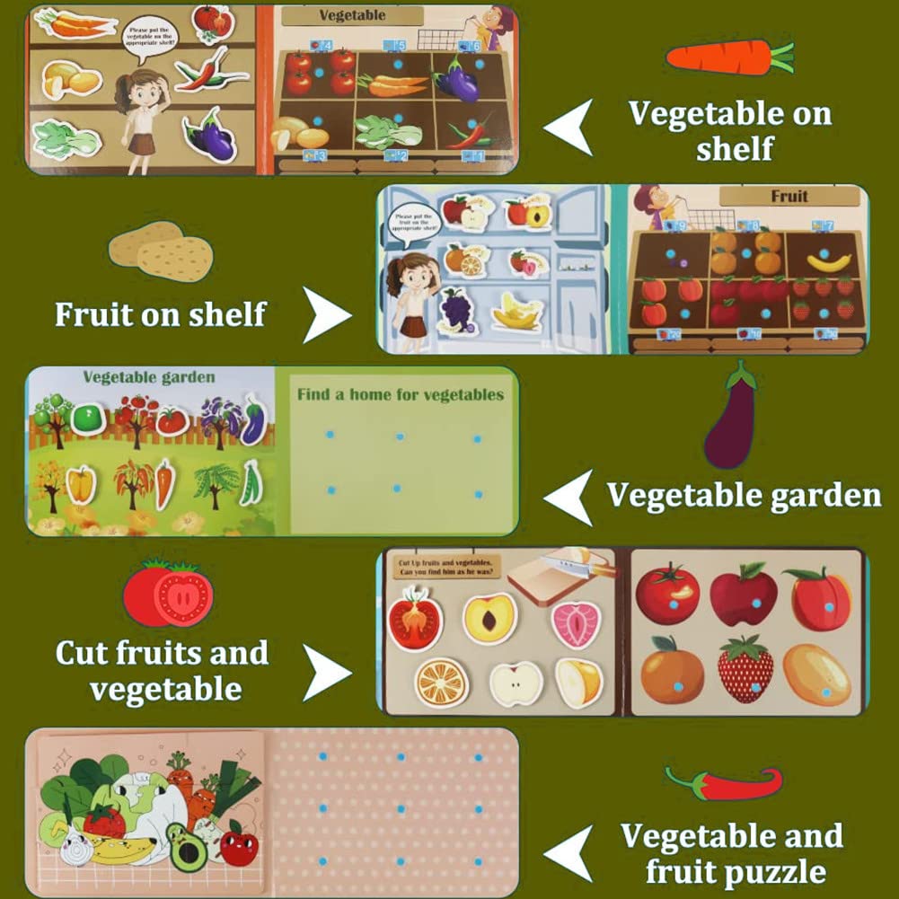 YAOFEER Busy Book for Toddlers 1-3, Montessori Busy Book Preschool Activity Sticker Quiet Books for Toddlers Preschool Learning Book to Develop Multidimensional Sense- Vegetable & Fruit