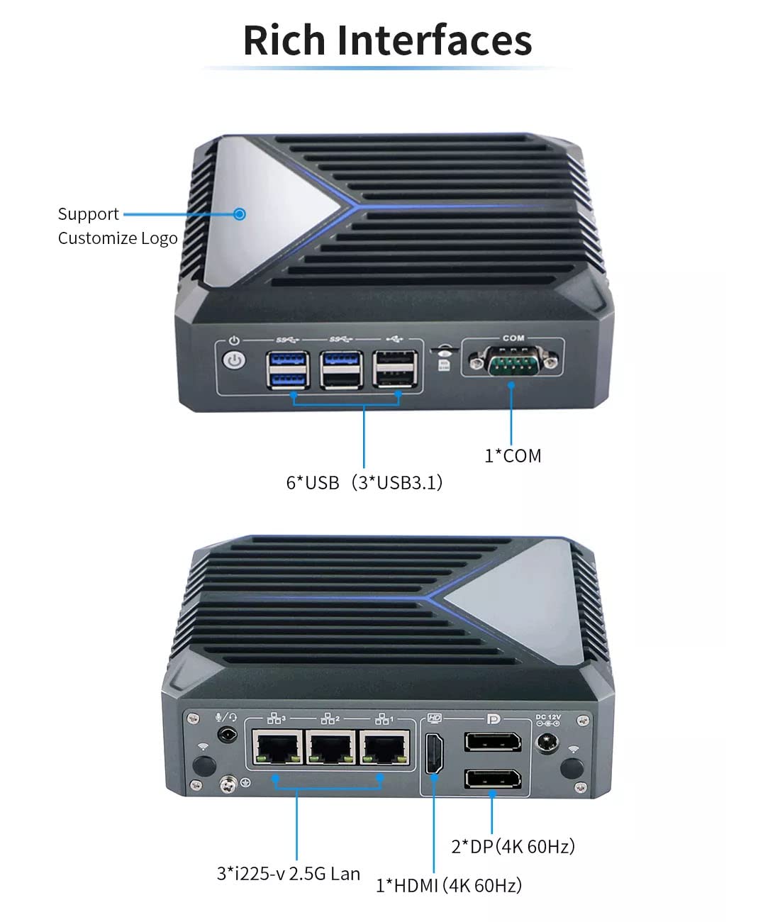 Micro Firewall Appliance 3 Intel I225-V 2.5GbE NIC Ports Fanless Mini PC, Intel Celeron J6412 Quad Core, Support AES-NI,TPM2.0 2xDP 1xHDMI 1xCOM 6xUSB, 16GB DDR4,256GB M.2 SSD