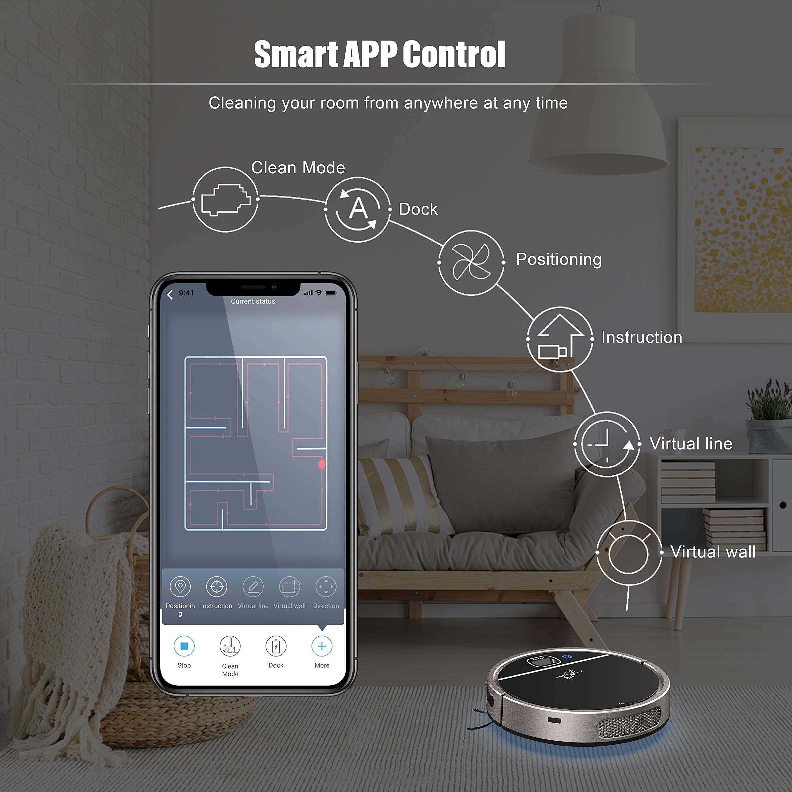 Robot Vacuum Cleaner, Robotic Vacuum Cleaner with 360° Smart Sensor Protectio, 2600mAh, 100mins Run Time, Super-Thin, 6 Clean Modes, Self-Charging, Ideal for Pet Hair, Hard Floors and Carpets