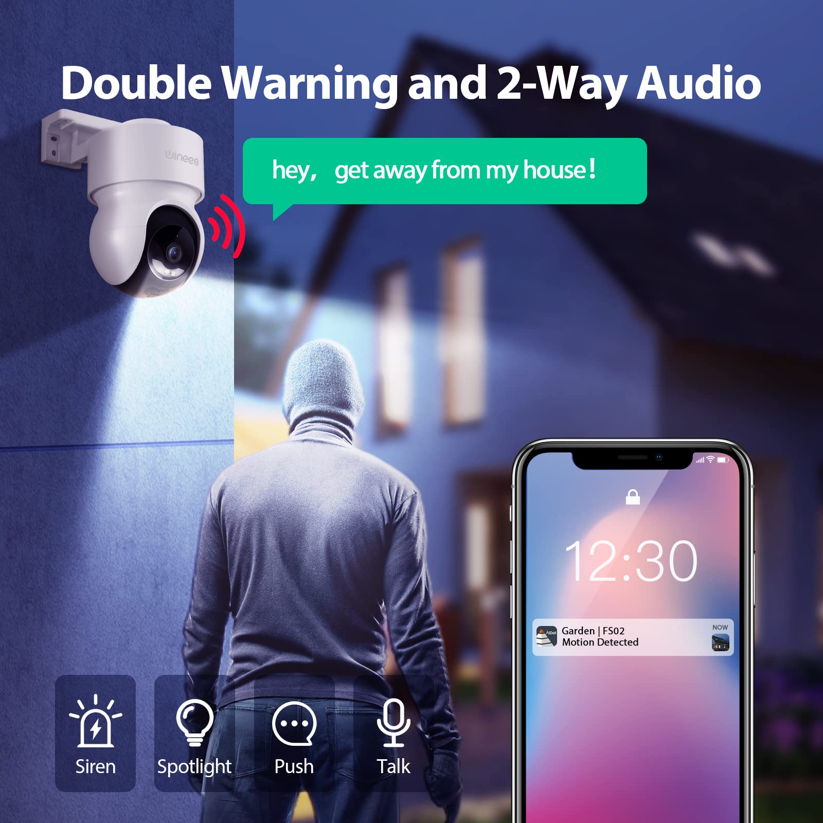 winees Security Cameras, 2K HD Outdoor Security Camera with Color Night Vision, Spotlight, Siren, Two-Way Audio, 2.4Ghz WiFi, Waterproof, Cameras for Home Security Compatible with Alexa