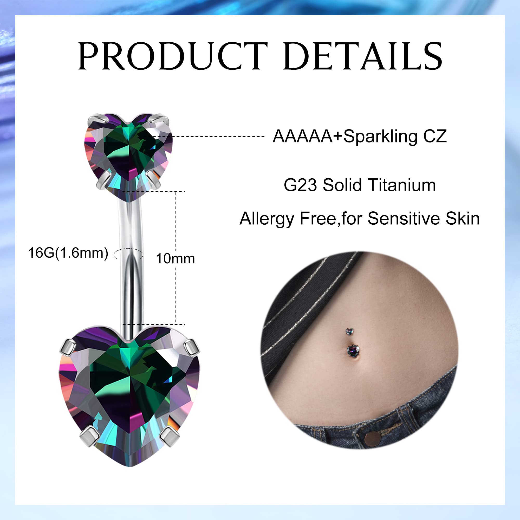 STAINLY 14G G23 Solid Titanium Belly Button Rings CZ Opal Belly Navel Rings Internally Threaded 10mm Long Navel Piercing Jewelry Heart CZ
