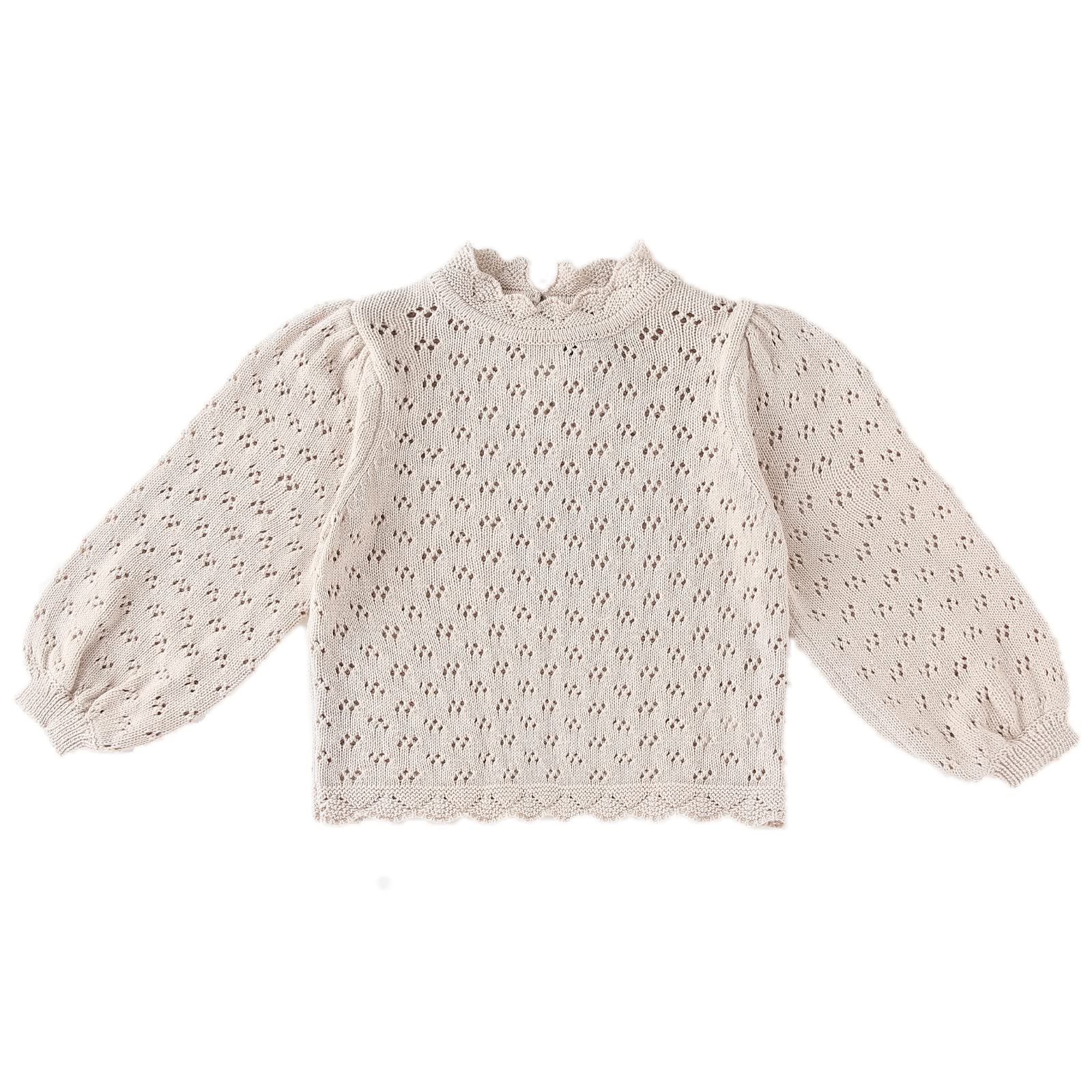 TIBE PINCESS Baby Girls Lace Sweater Toddler Cotton Knit Pullovers Kids Crochet Ruffle Lantern Sleeve Blouses Jumper Tops(Beige 3-4 Years)