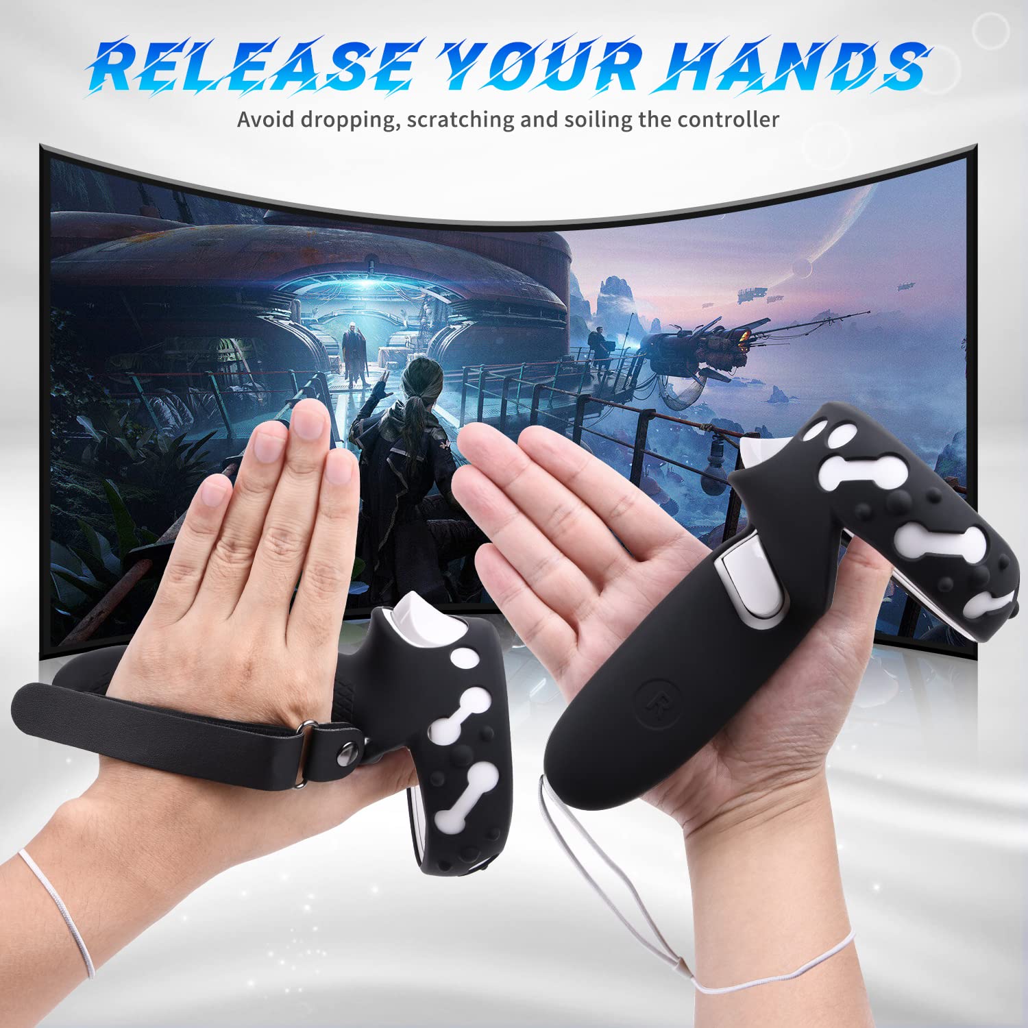 TechKen Battery Opening Controller Grips Compatible with Quest 2 Accessories Quest 2 Grips with Adjustable with Knuckle Straps, Suitable for Large Hands