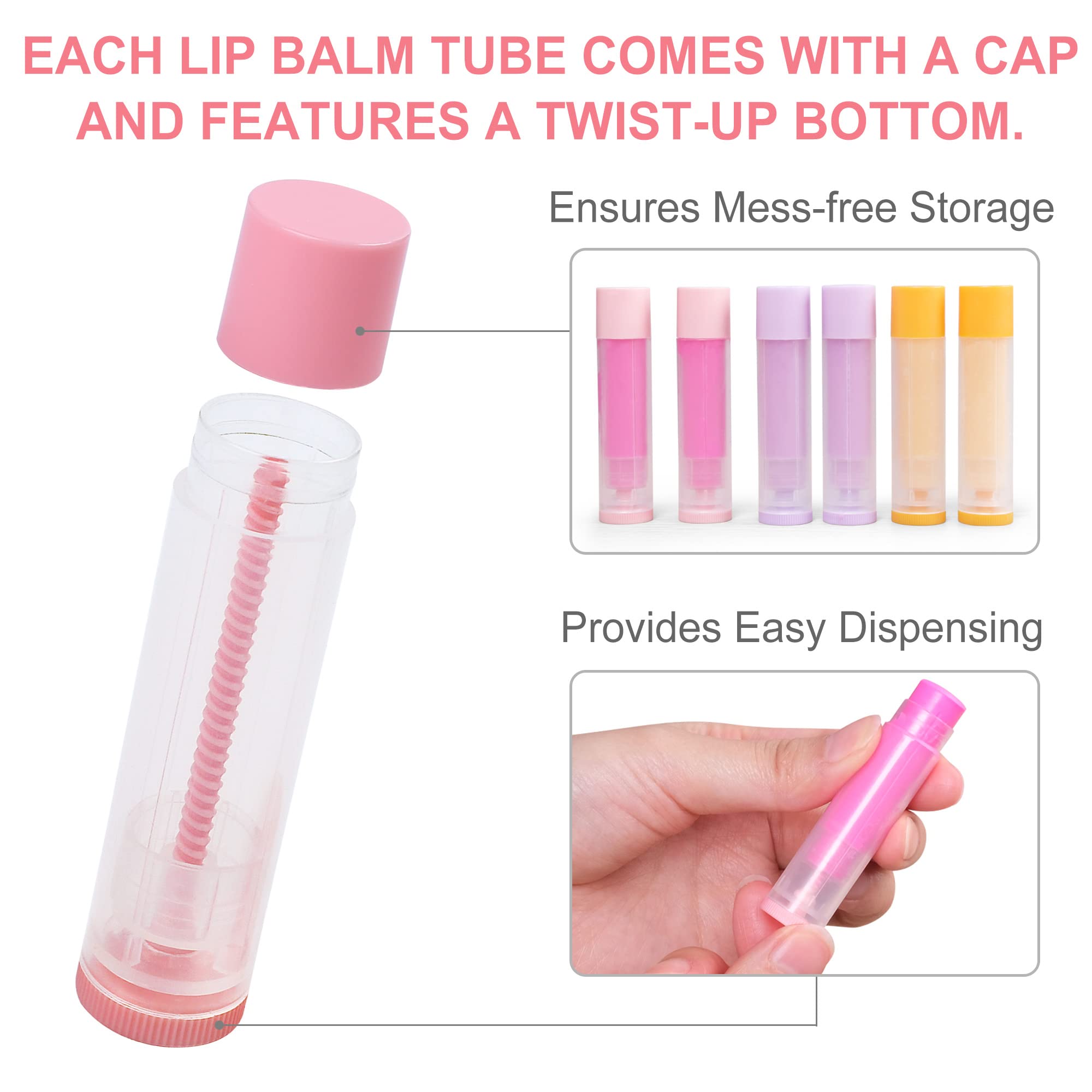 LotFancy Lip Balm Tubes Empty, 100PCS 5.5ml (3/16 Oz), Clear Lip Balm Container Tubes with Pink Caps, BPA Free & Leak Free, Refillable
