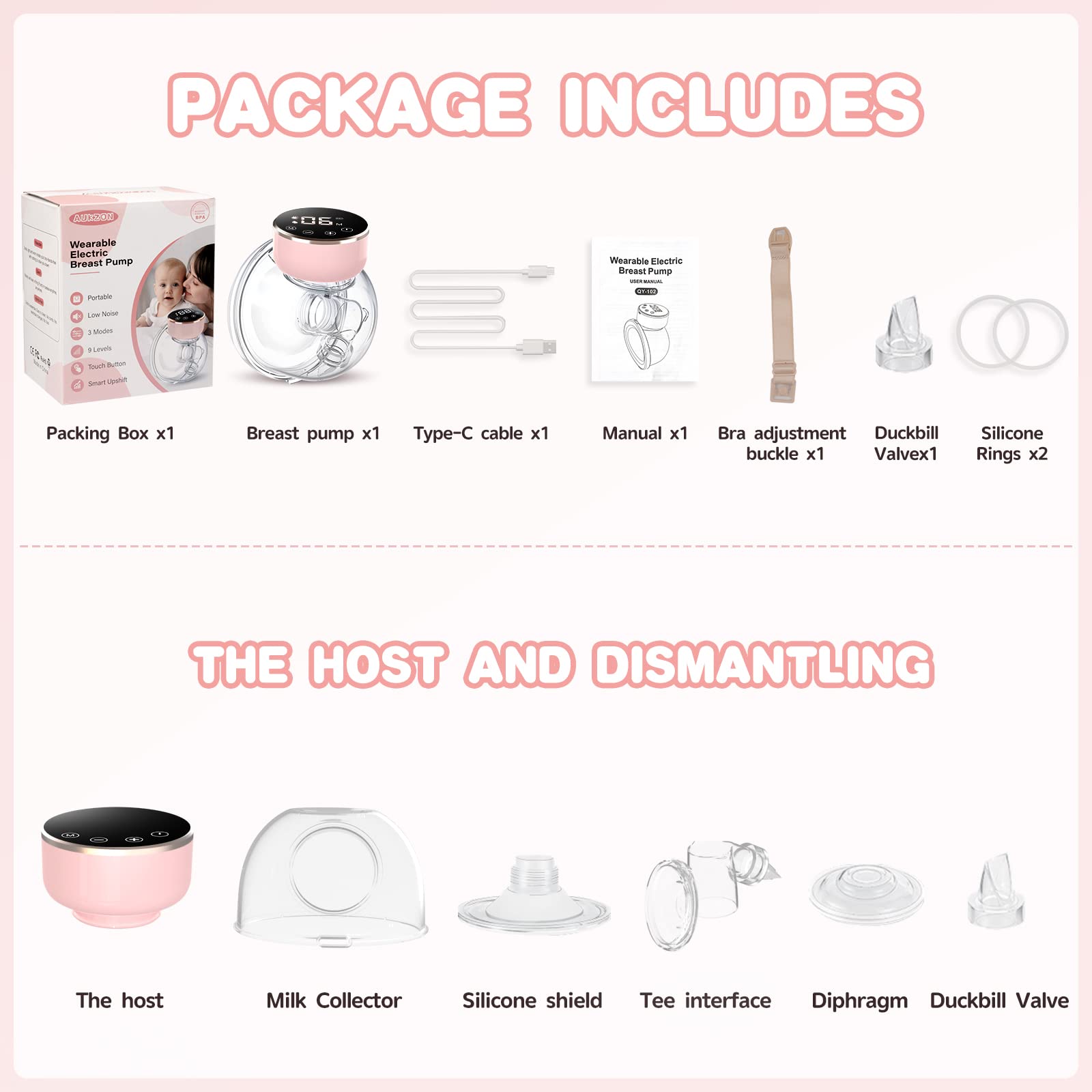 Wearable Breast Pump, AUKZON Electric - Hands Free Breast Pump, with 3 Modes & 9 Levels, Low Noise & LCD Screen, Portable, Rechargeable, 24mm Flange