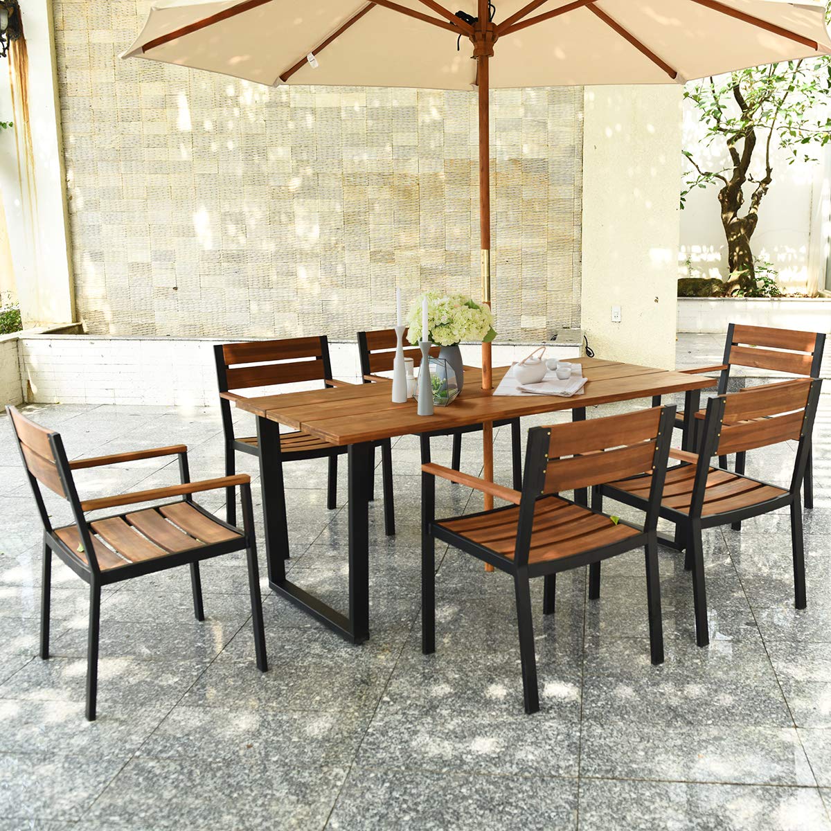 Tangkula 7 Pieces Patented Wood Patio Dining Set with Umbrella Hole, 6 Heavy Duty Acacia Armrest Chairs and Rectangle Table Set, Suitable for Deck Lawn Garden Poolside and Backyard