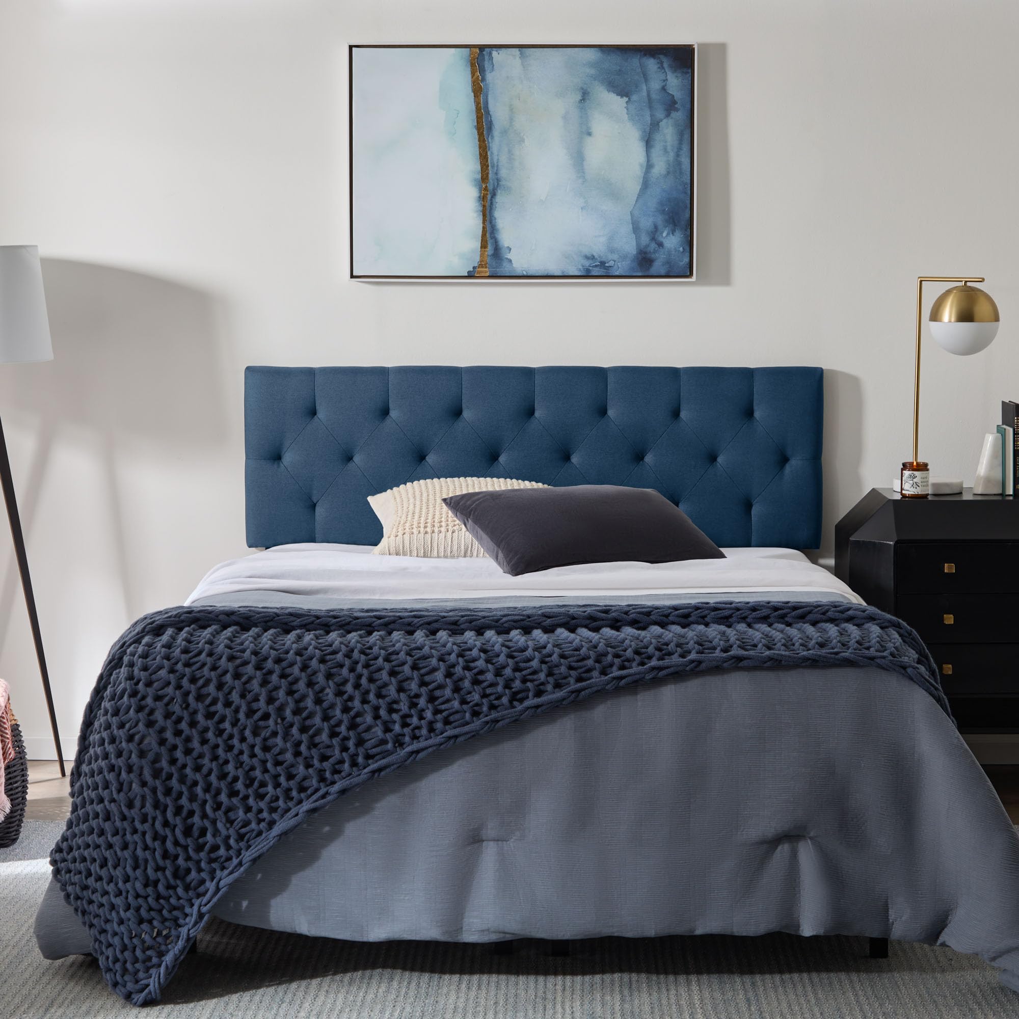 LUCID Mid-Rise Upholstered Headboard - Diamond Tufted - Padded Polyester - Adjustable Height from 34β to 46β - Easy Assembly - Bed Frame or Wall Mount - Sturdy - Cobalt - Queen Size