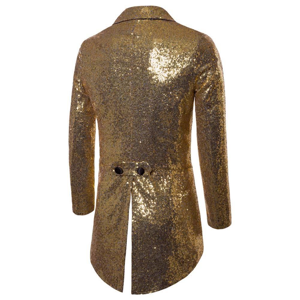 Mens Sequin Tuxedo Tailcoat Swallowtail Suit Jacket Dinner Party Wedding Blazer Slim Fit Show Tux Dress Coat (Gold, S)
