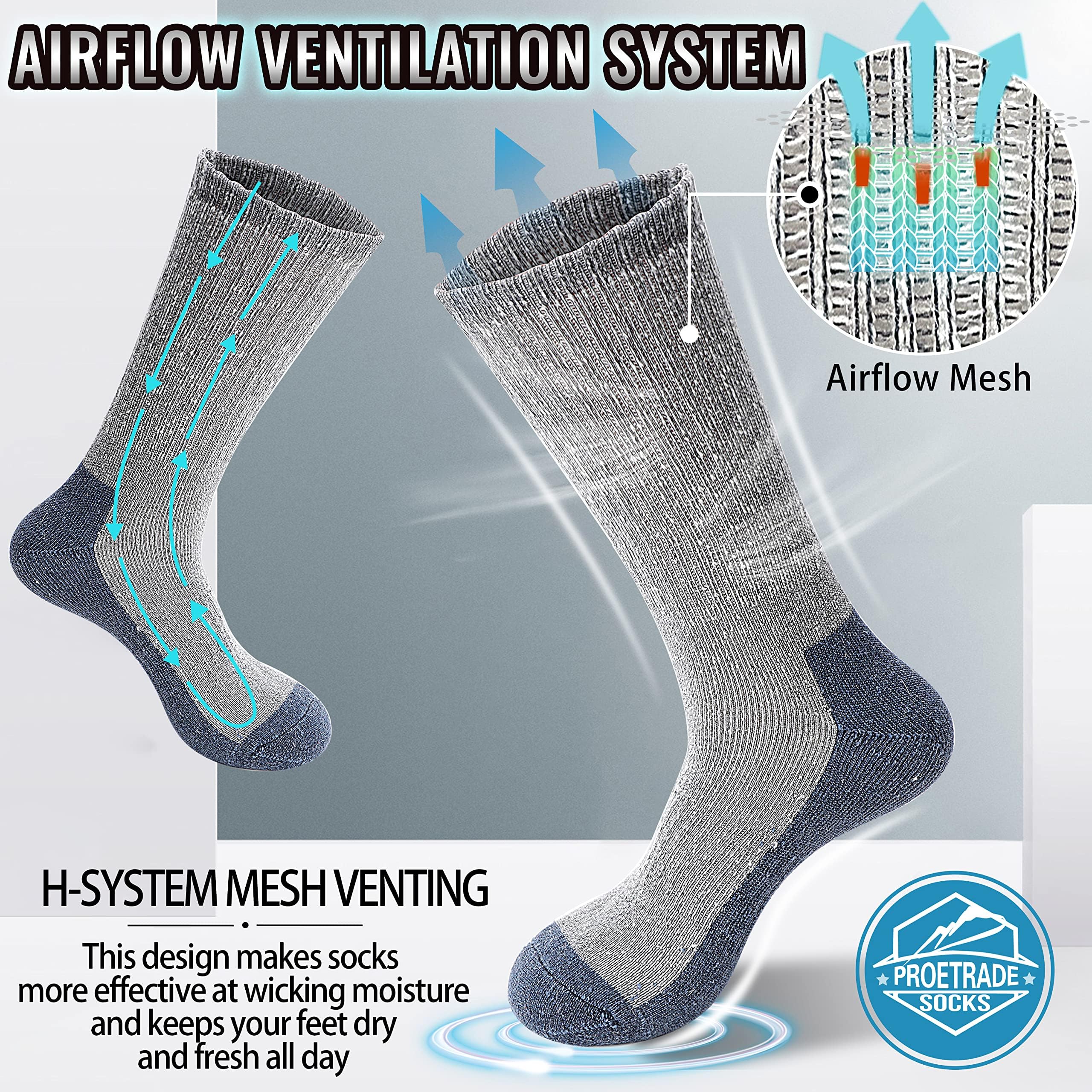 ProEtrade Merino Wool Hiking Socks for Mens Thermal Warm Winter Crew Thick Cushion Boot Work Stockling Stuffers Gift Socks 4 Pairs (Assorted A,M)