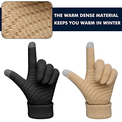 Sibba 2 Pairs Women's Winter Touchscreen Gloves, Warm Wool Lined Gloves, Thermal Knitted Stretchy Cuff Mittens (Black&Beige)