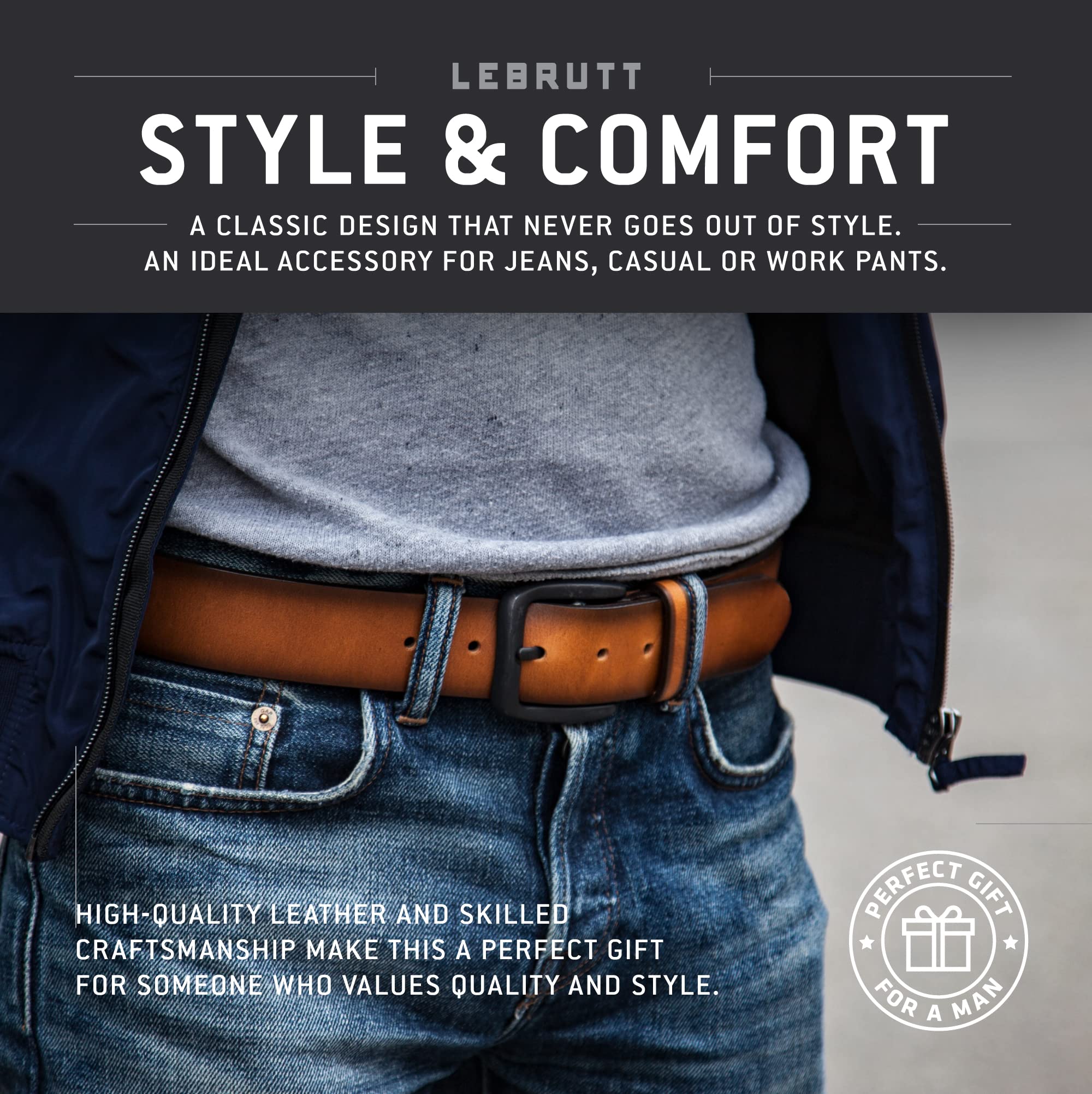 Lebrutt Genuine Men's Leather Belt, Italian Full Grain Leather, Casual Jeans Leather Belts for Men, Hand Made in Canada (34, Tan)