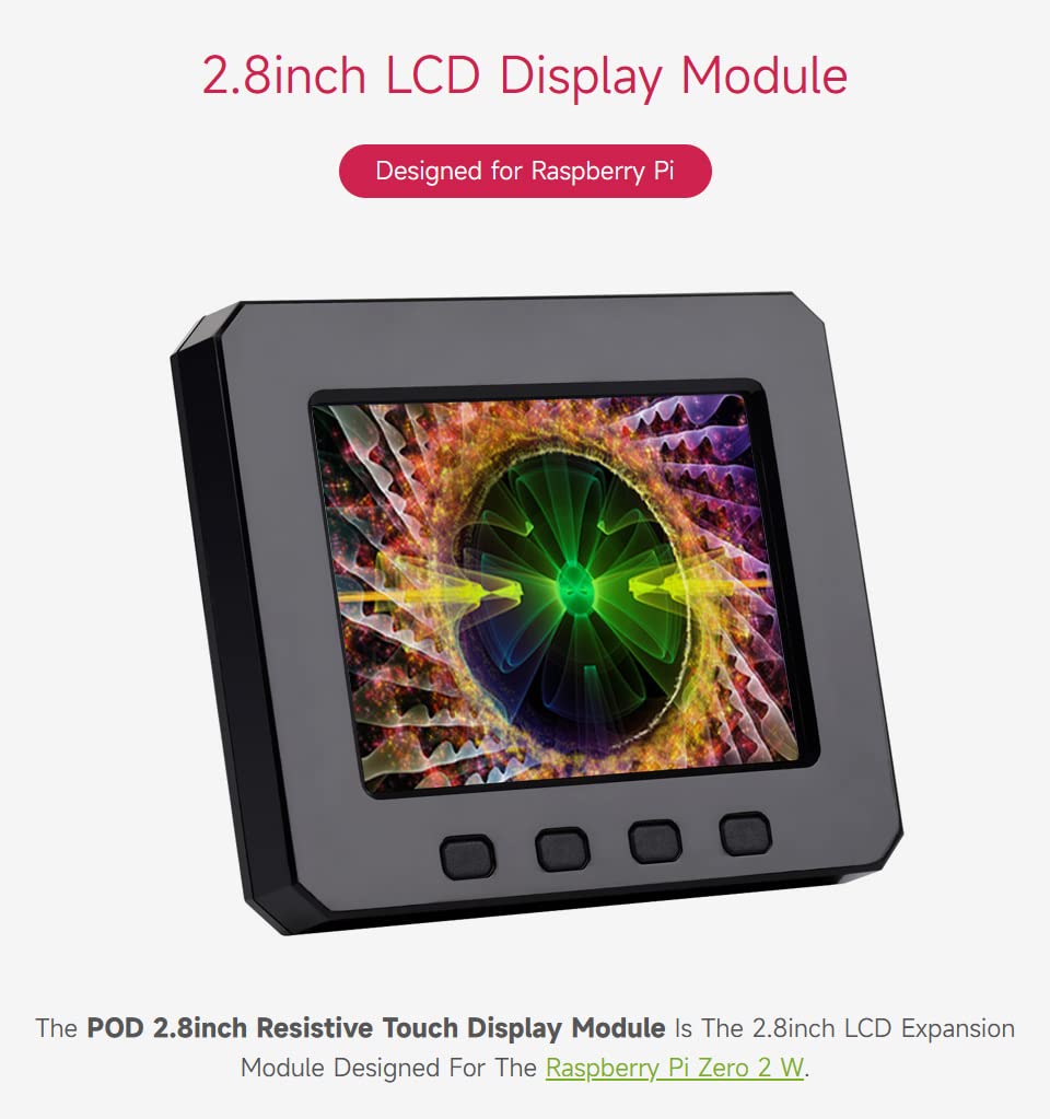Waveshare 2.8inch LCD Expansion Module, Compatible with Raspberry Pi Zero/Zero 2 W Series Boards, 240 × 320 Resistive Touch Screen, Works with Other POD Modules