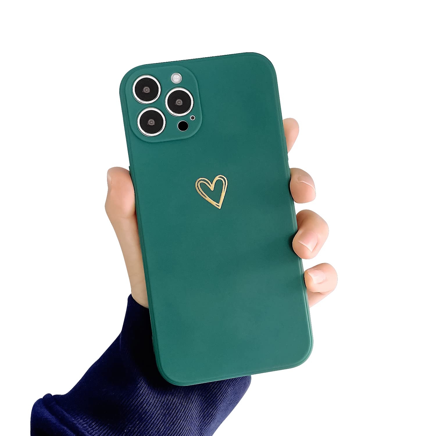 Ownest Compatible with iPhone 12 Pro Max Case for Soft Liquid Silicone Gold Heart Pattern Slim Protective Shockproof Case for Women Girls for iPhone 12 Pro Max-Pine Green
