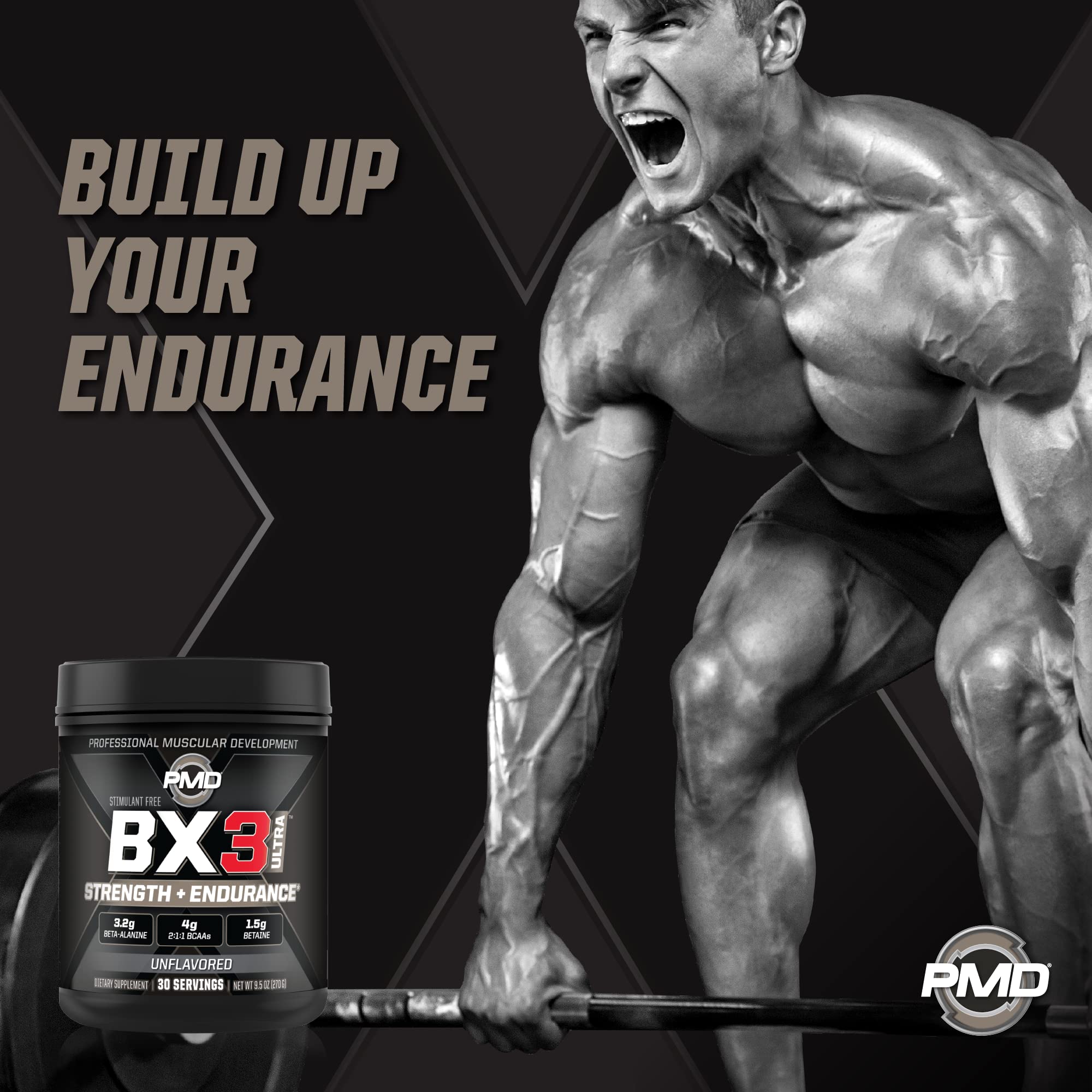 PMD Sports BX3 ULTRA Muscle-Building Powder – Beta-Alanine, BCAAs, Betaine Anhydrous – Boost Endurance and Stamina, Increase Strength, Pumps, Build Lean Mass, Enhance Recovery– Unflavored–30 Servings