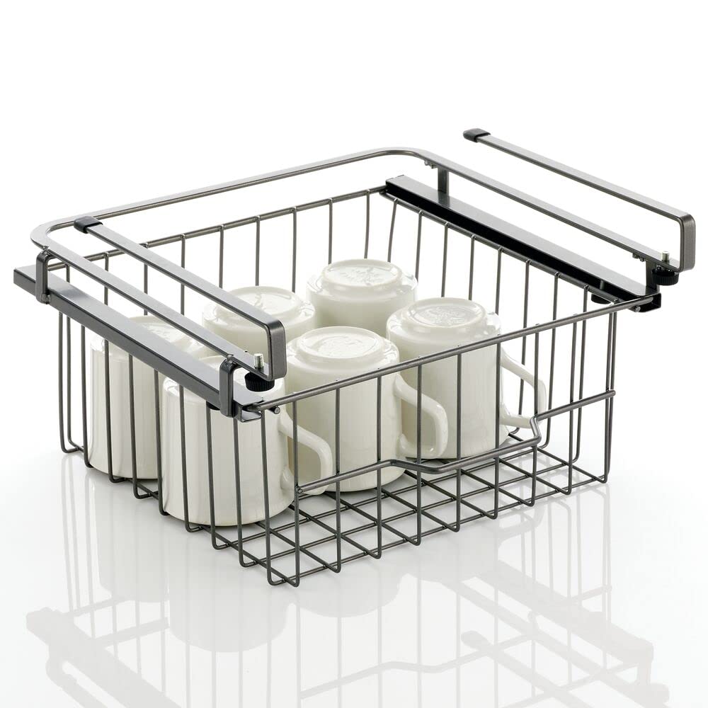 mDesign Compact Hanging Pullout Drawer Basket - Sliding Under Shelf Storage Organizer - Metal Wire - Attaches to Shelving - Easy Install - for Kitchen, Pantry, Cabinet - White