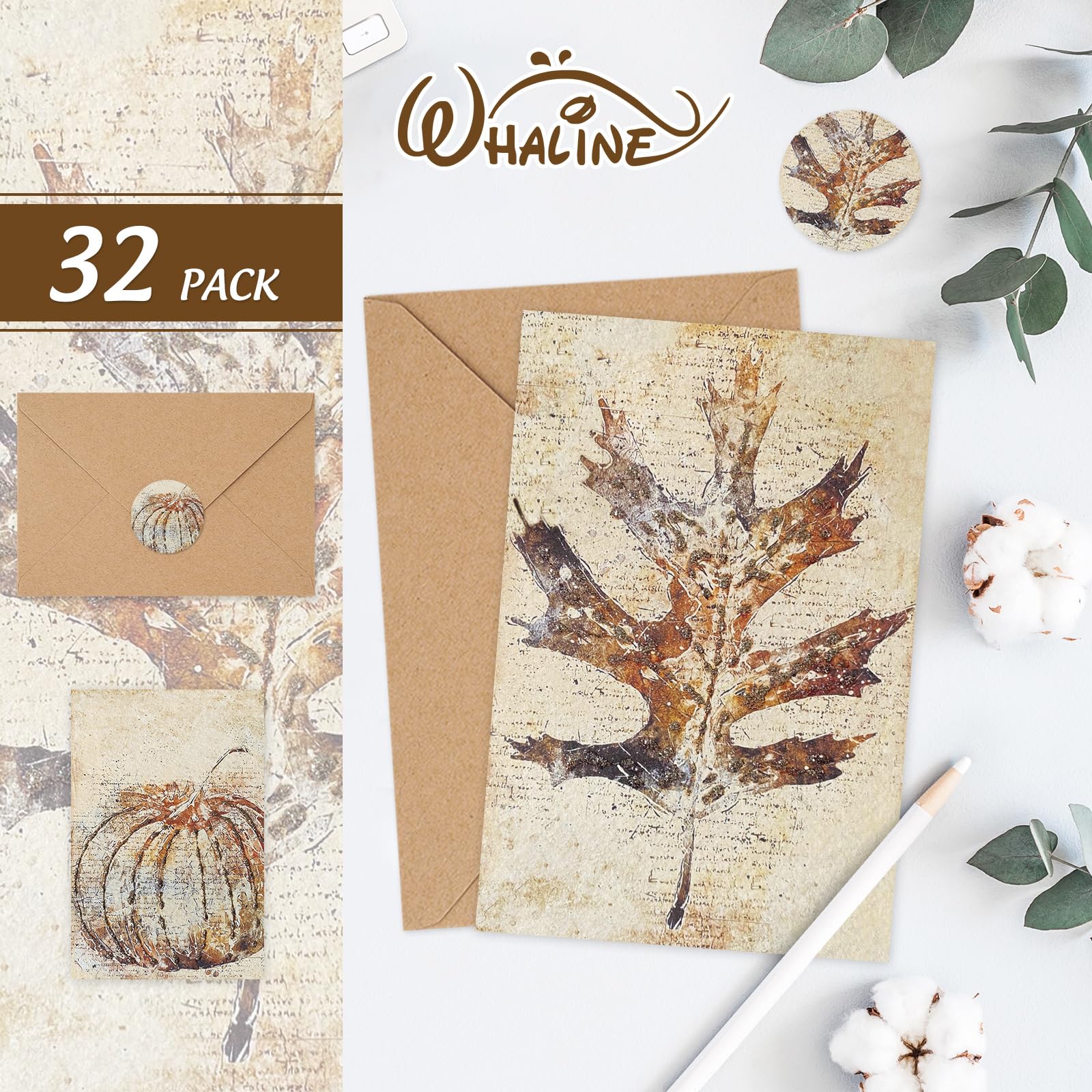 Whaline 32 Pack Fall Leaves Thank You Cards Vintage Maple Leaf Pumpkin Greeting Cards with Envelope Stickers Blank Note Cards for Autumn Harvest Thanksgiving Holiday, 4 x 6 Inch