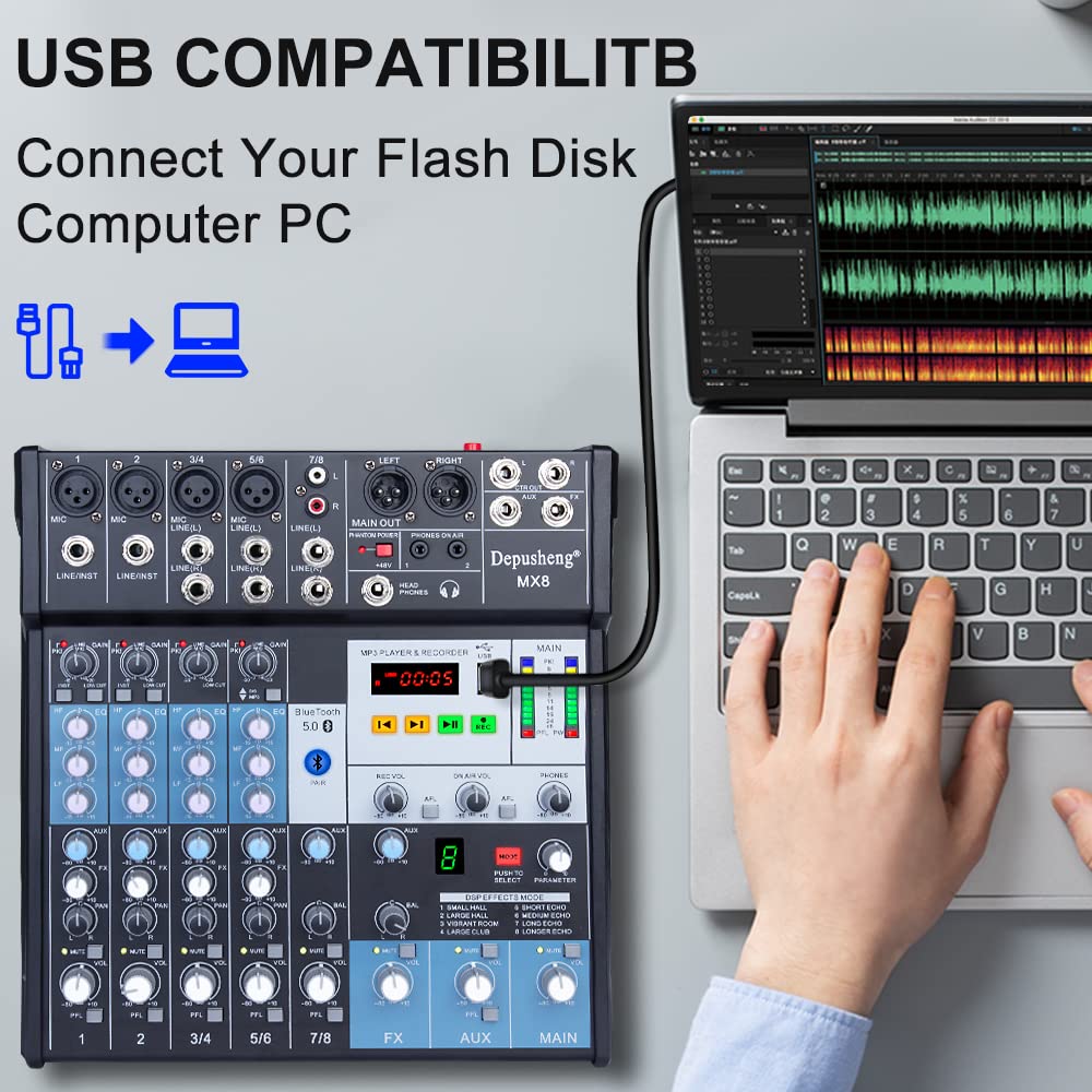 Professional Audio Mixer Sound Board Console 8-Channel DJ Controller Sound Mixer w/ 8-DSP EFFECT, USB Recording Interface, Bluetooth, 48V Phantom Power, Ideal For Live Streaming Depusheng MX8
