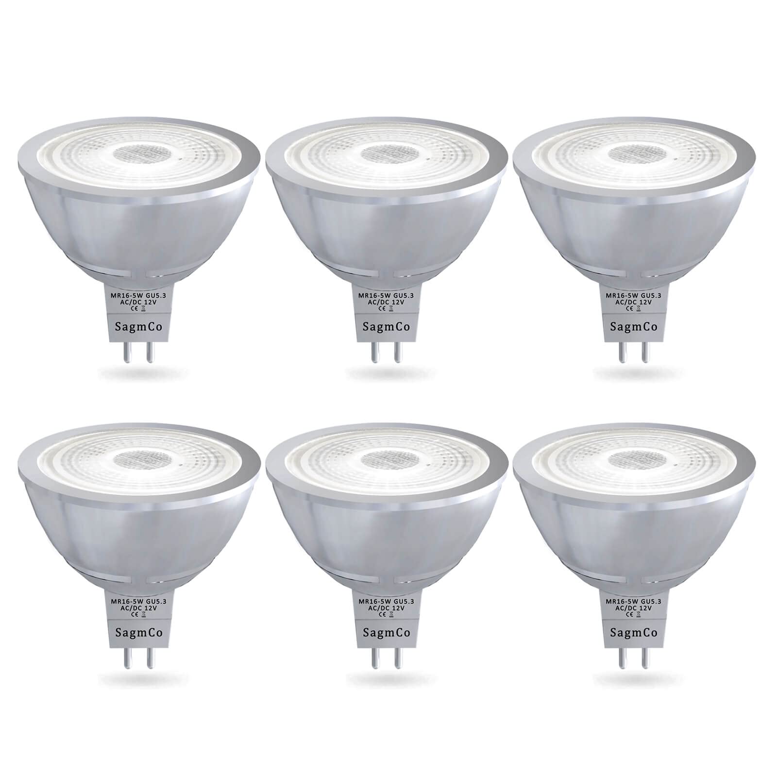 SagmCo 6 Pack MR16 LED Bulb 50W Equivalent 5000K Daylight 30,000 Hour Lifetime 90% Energy Saving 5W 12V AC/DC 38 Degree GU5.3 Base Non-Dimmable