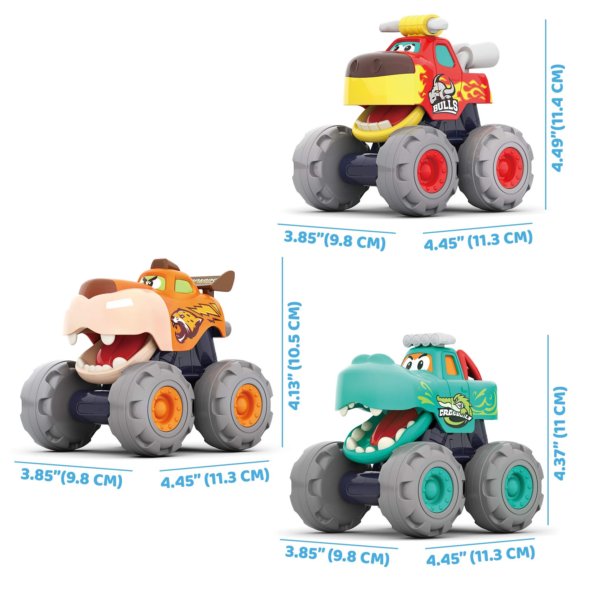 Monster Trucks Gift Set – 3 Trucks with Pull Back, Friction Power and Free Wheel Function – Baby and Toddler Toy Cars with Fun Animal Theme – for 12+ Months / 1 Year